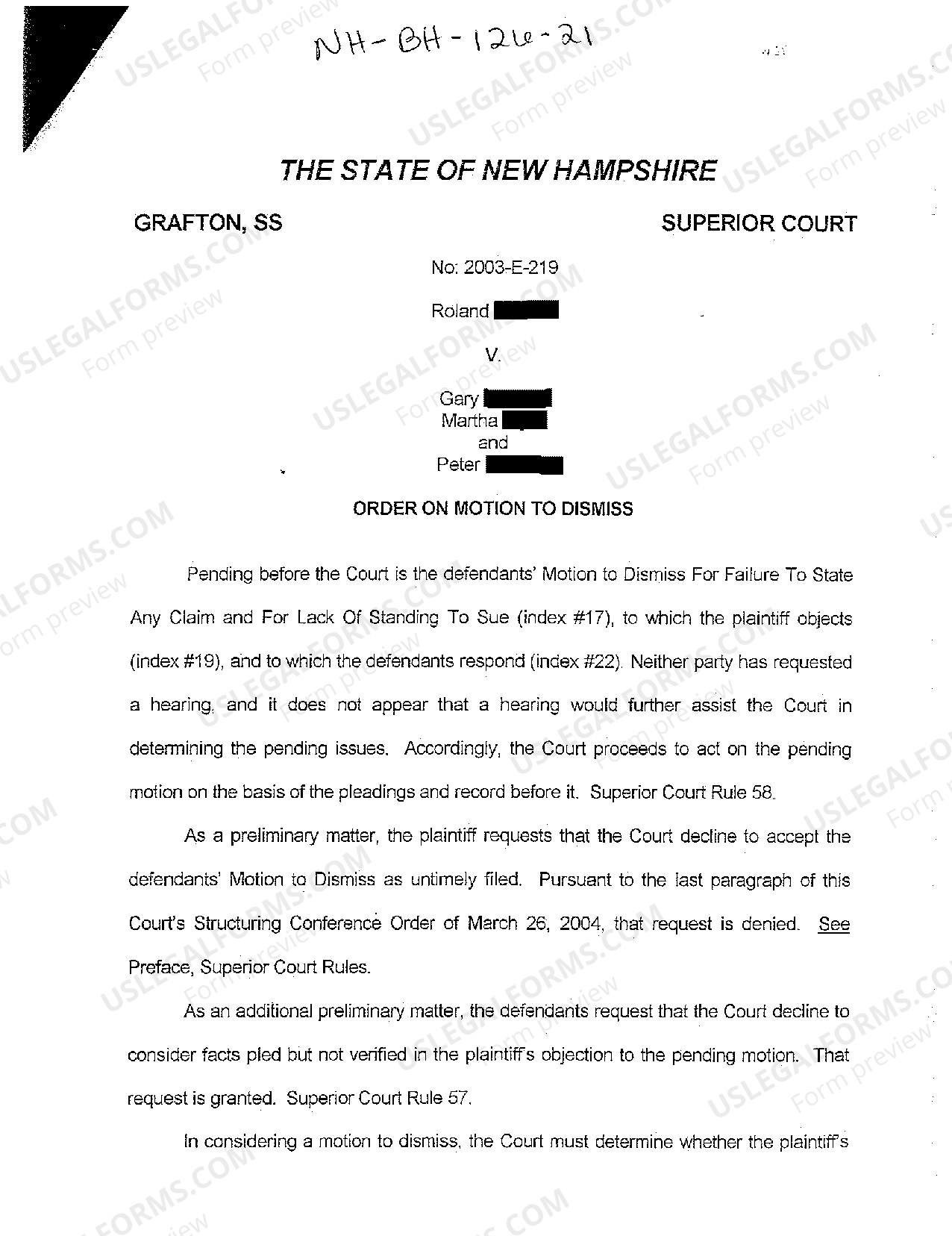New Hampshire Order Granting Appellee's Motion to Dismiss for Failure to State Any Claim and For ...