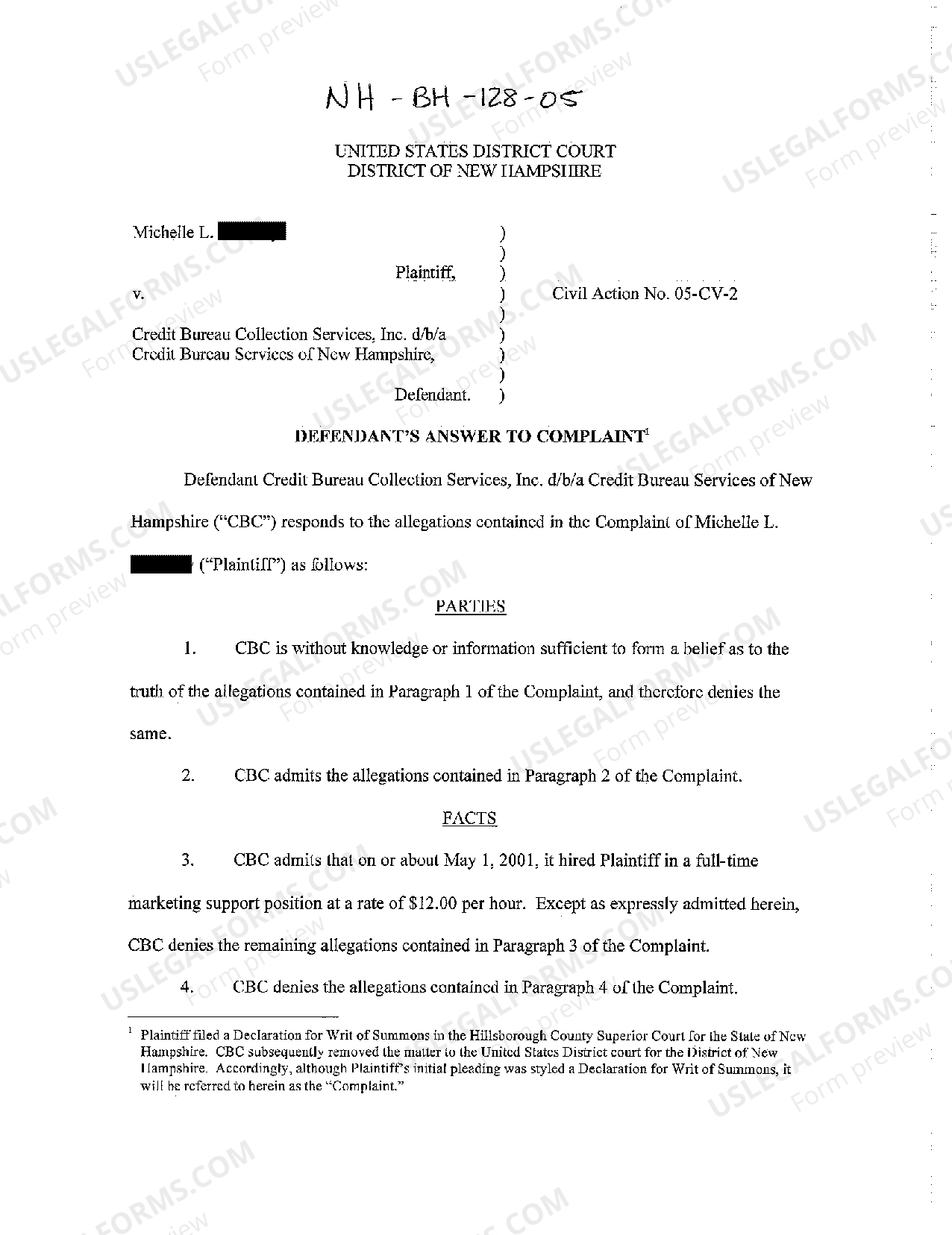 New Hampshire Defendant's Answer to Complaint | US Legal Forms