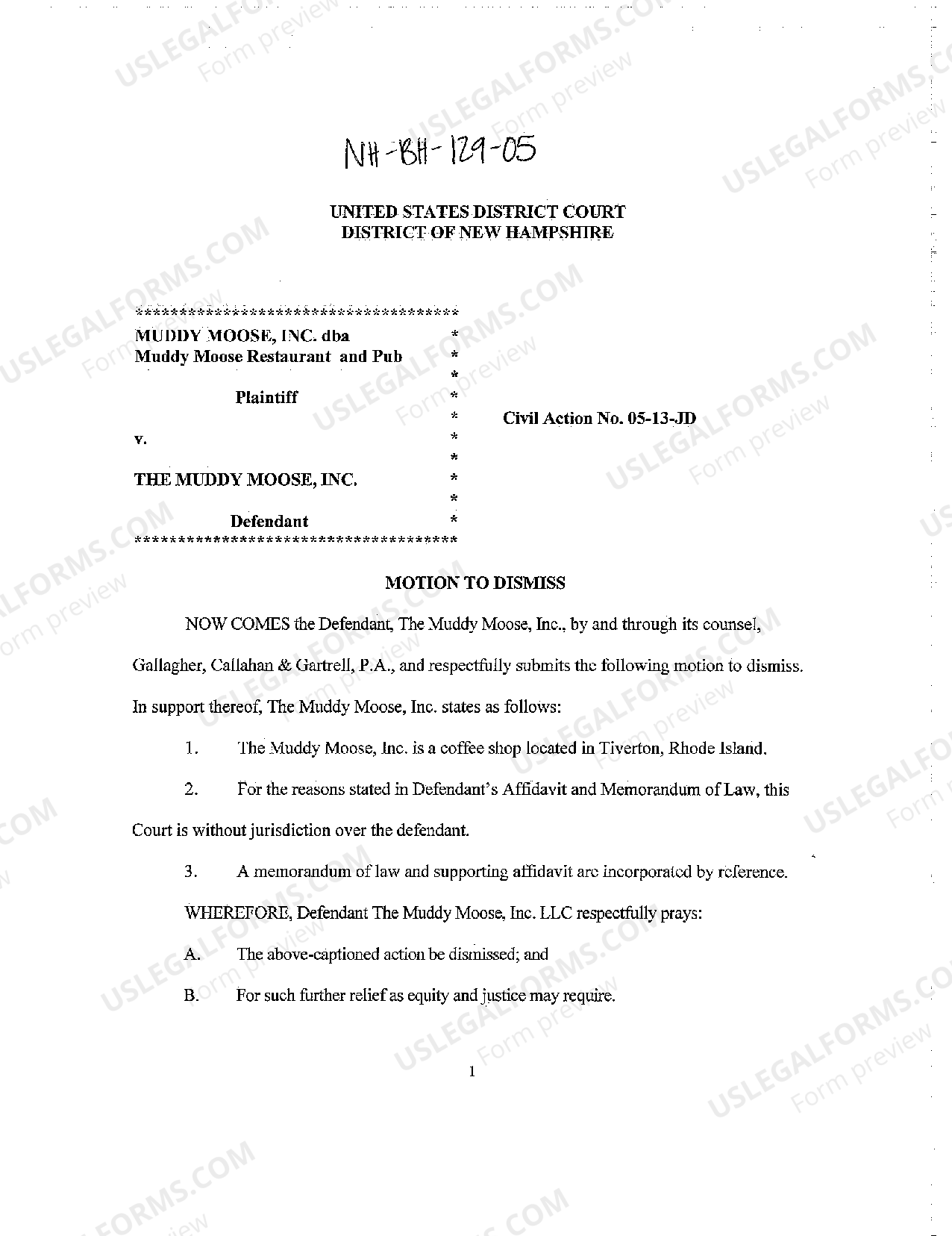 New Hampshire Defendant's Motion to Dismiss and Memorandum of Law in ...