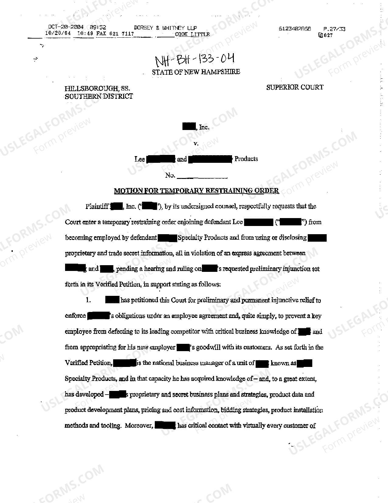 New Hampshire Motion for Temporary Restraining Order by Plaintiff | US ...