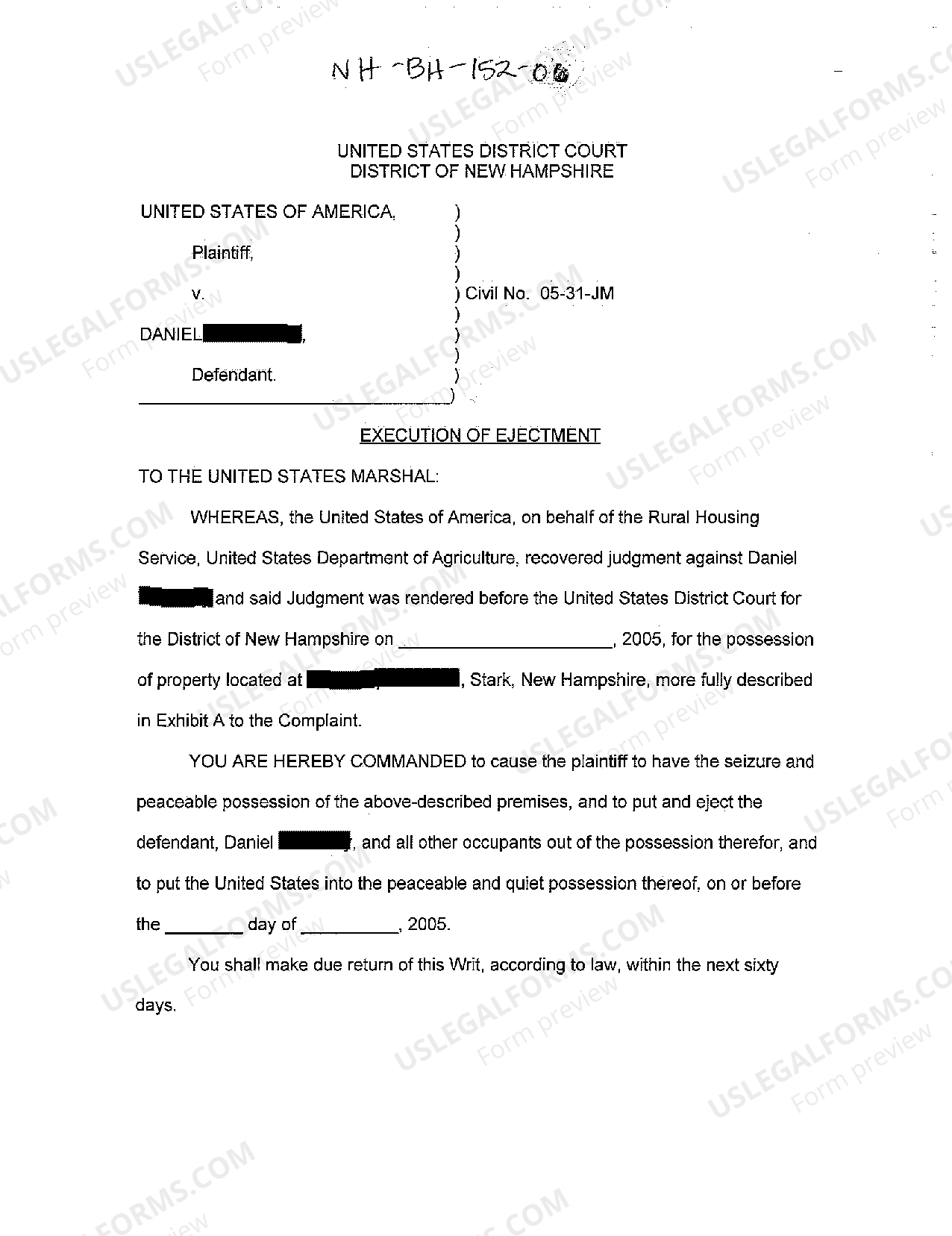 New Hampshire Execution of Ejectment | US Legal Forms