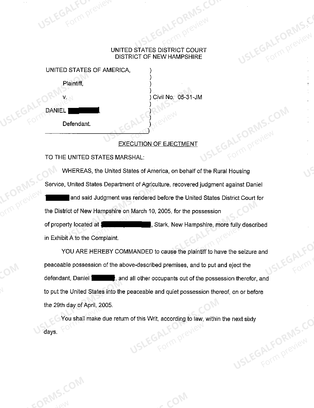 New Hampshire Execution of Ejectment | US Legal Forms