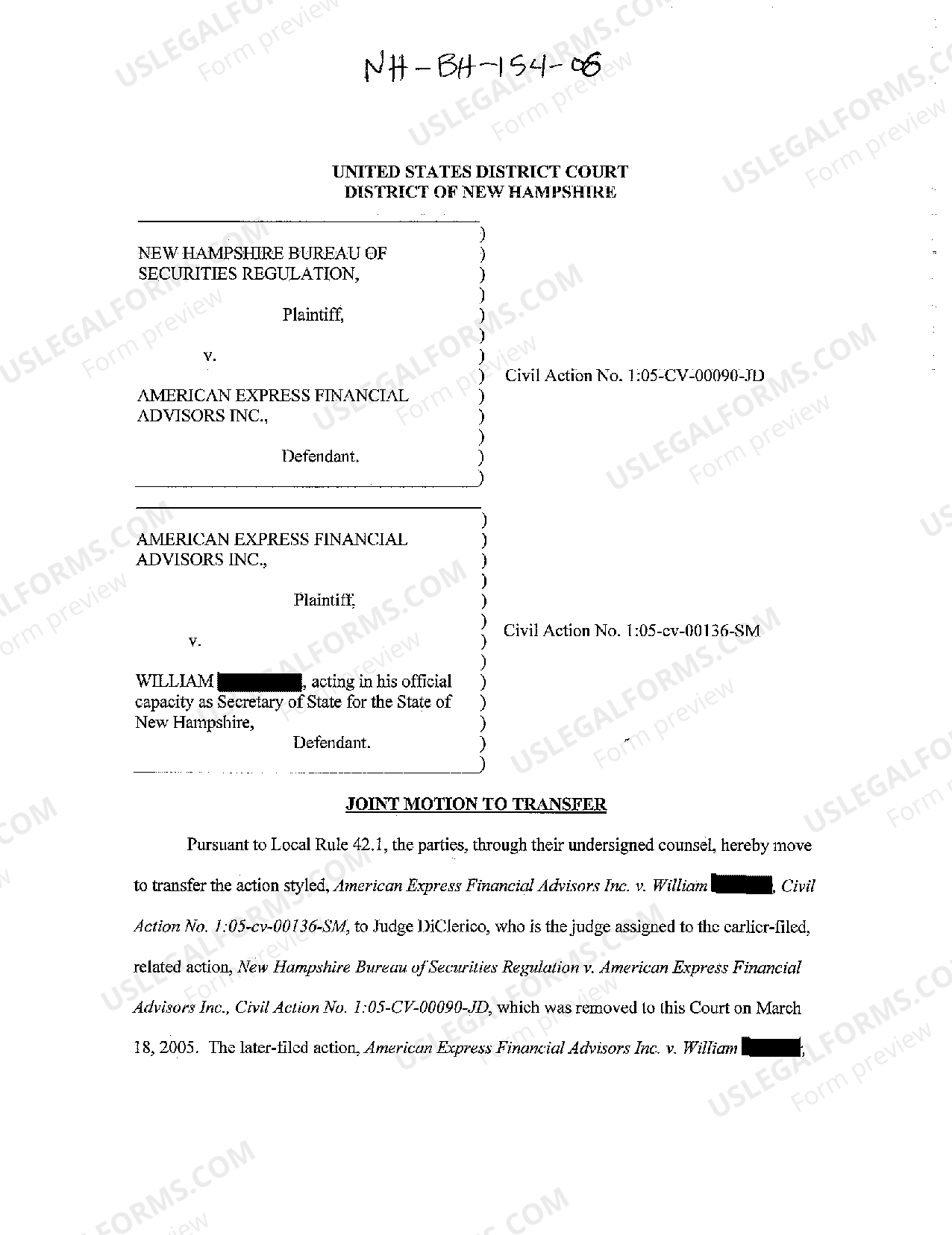 New Hampshire Joint Motion to Transfer and Notice of Compliance with ...