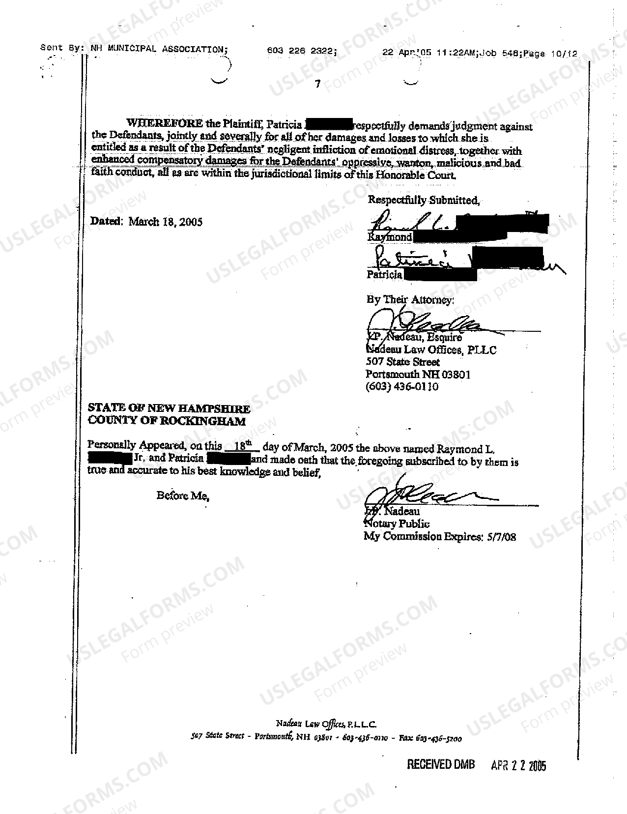 New Hampshire Complaint Against Municipality for Malicious Prosecution ...