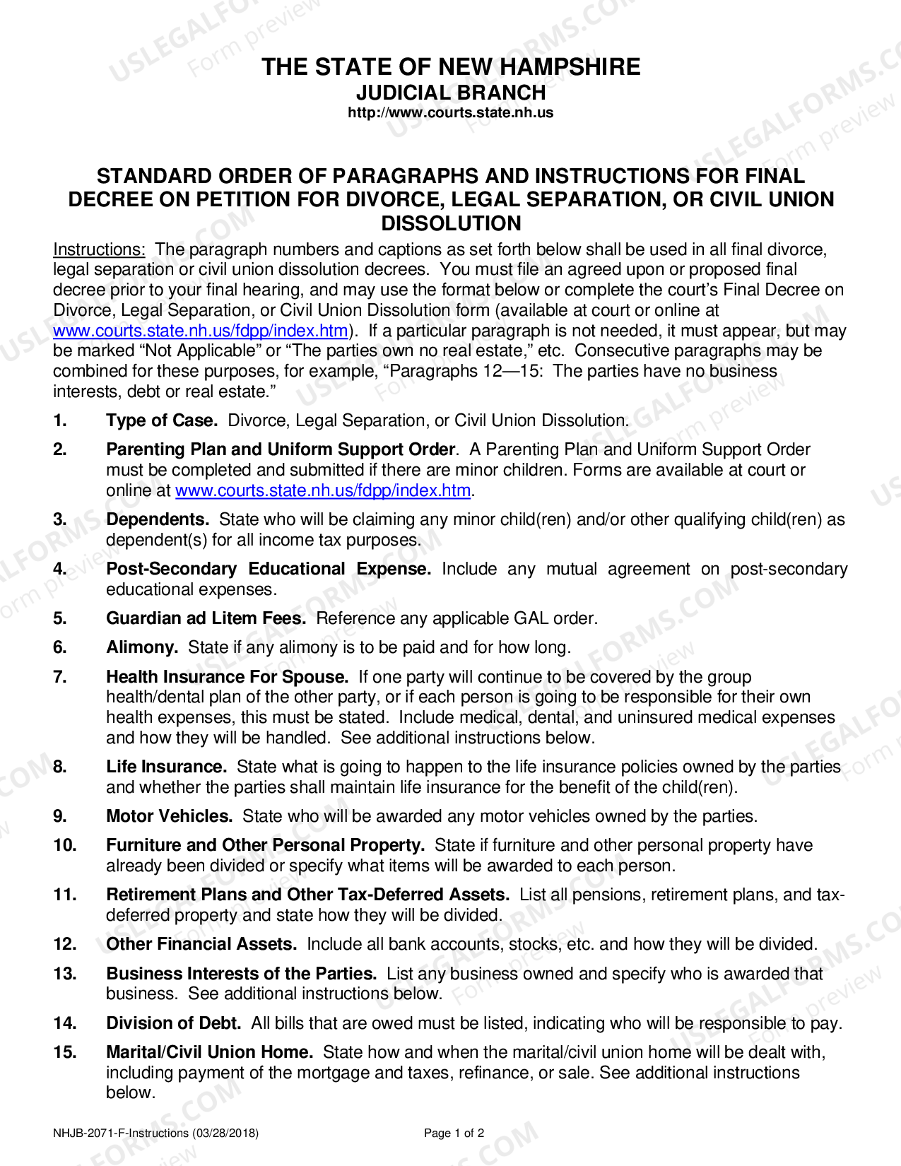 New Hampshire Final Decree on Divorce or Legal Separation Instructions ...