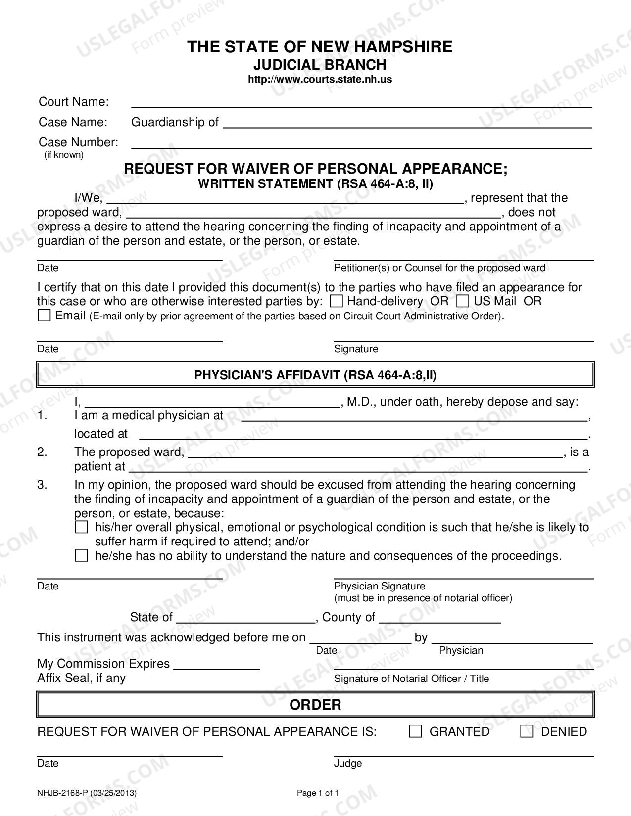 New Hampshire Request for Waiver of Personal Appearance | US Legal Forms