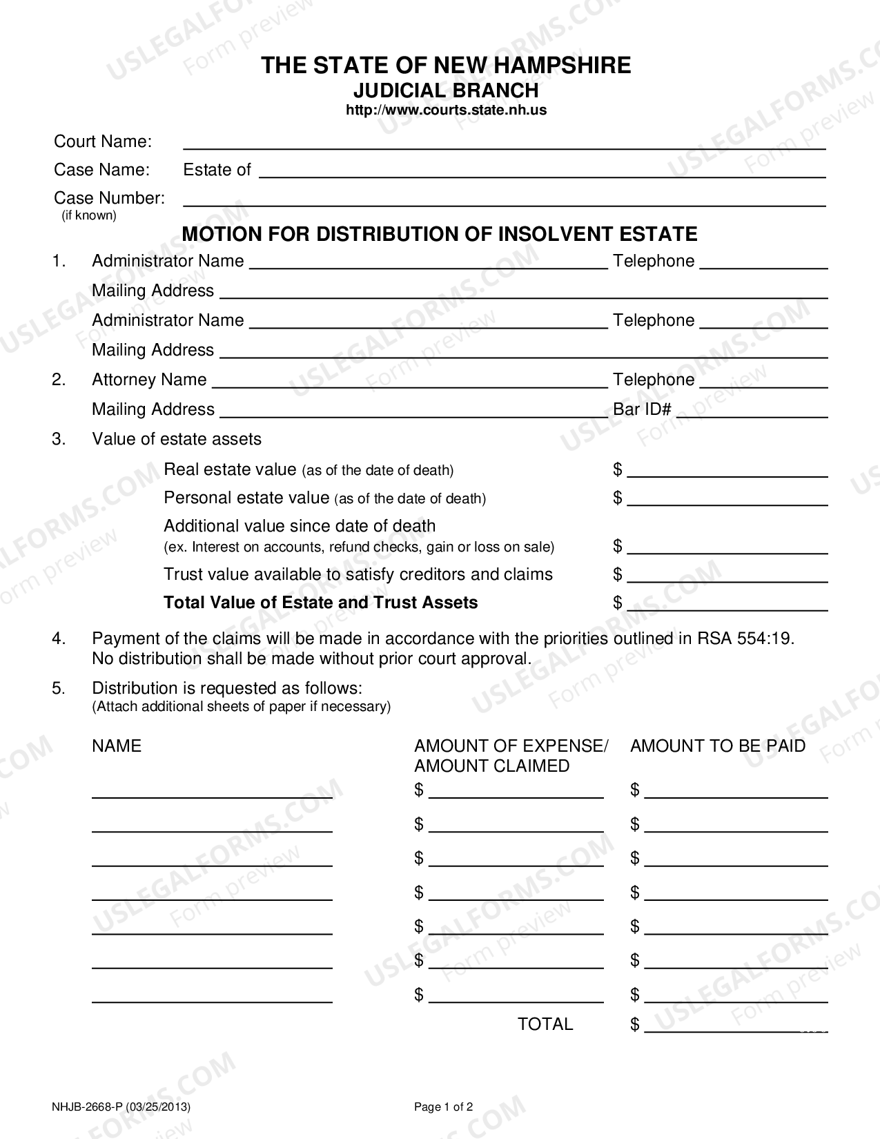 New Hampshire Motion for Distribution of Insolvent Estate | US Legal Forms