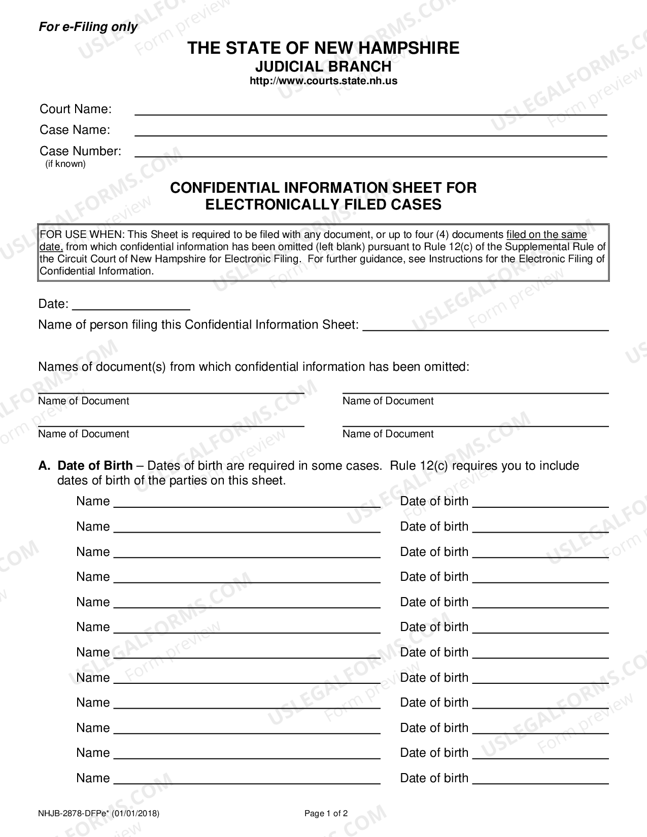 New Hampshire Confidential Information Sheet | US Legal Forms