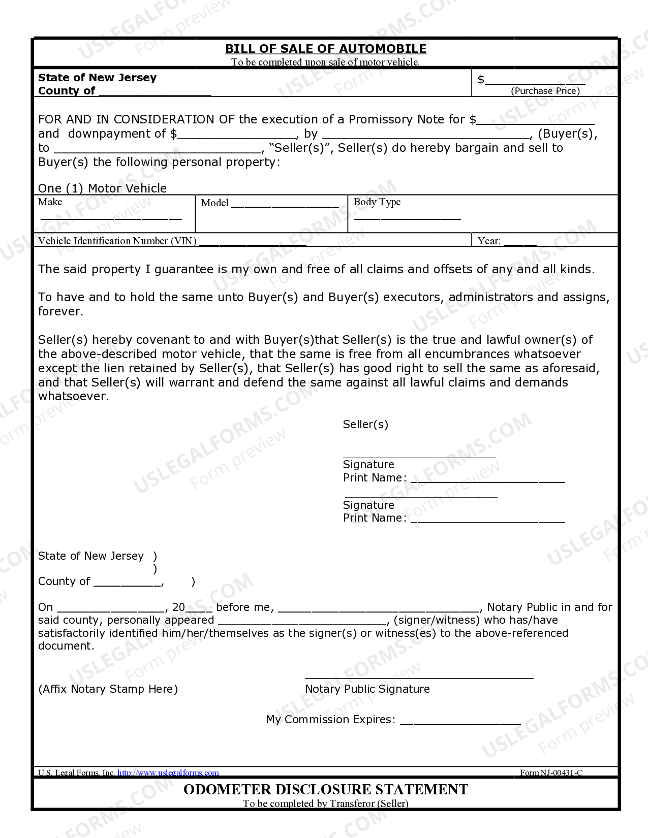 New Jersey Bill of Sale for Automobile or Vehicle including Odometer ...