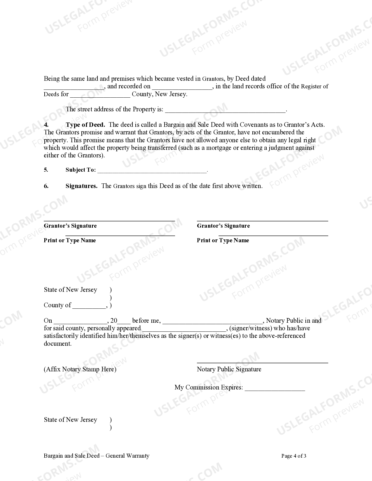 New Jersey Bargain and Sale Deed with Covenant as to Grantors's Acts - Two Individuals to One ...