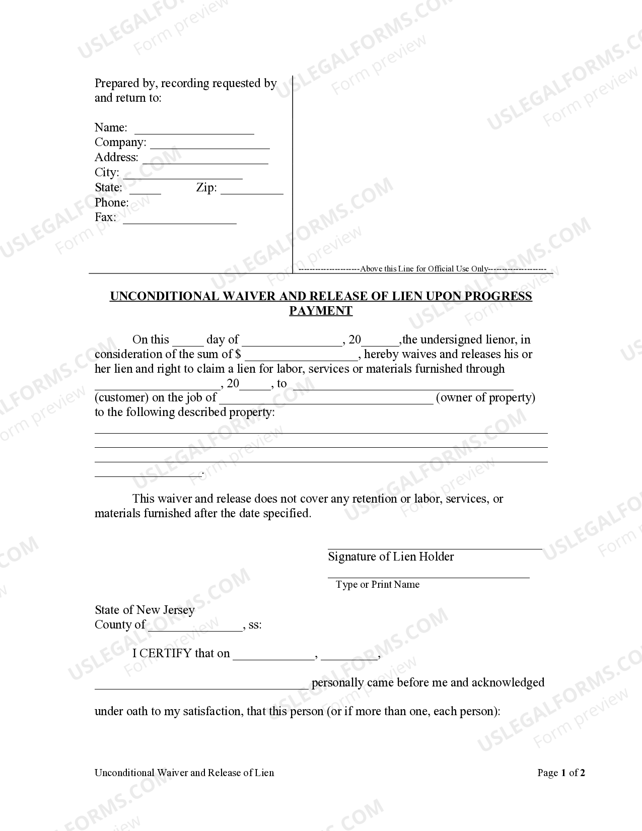 New Jersey Unconditional Waiver and Release of Claim of Lien Upon ...