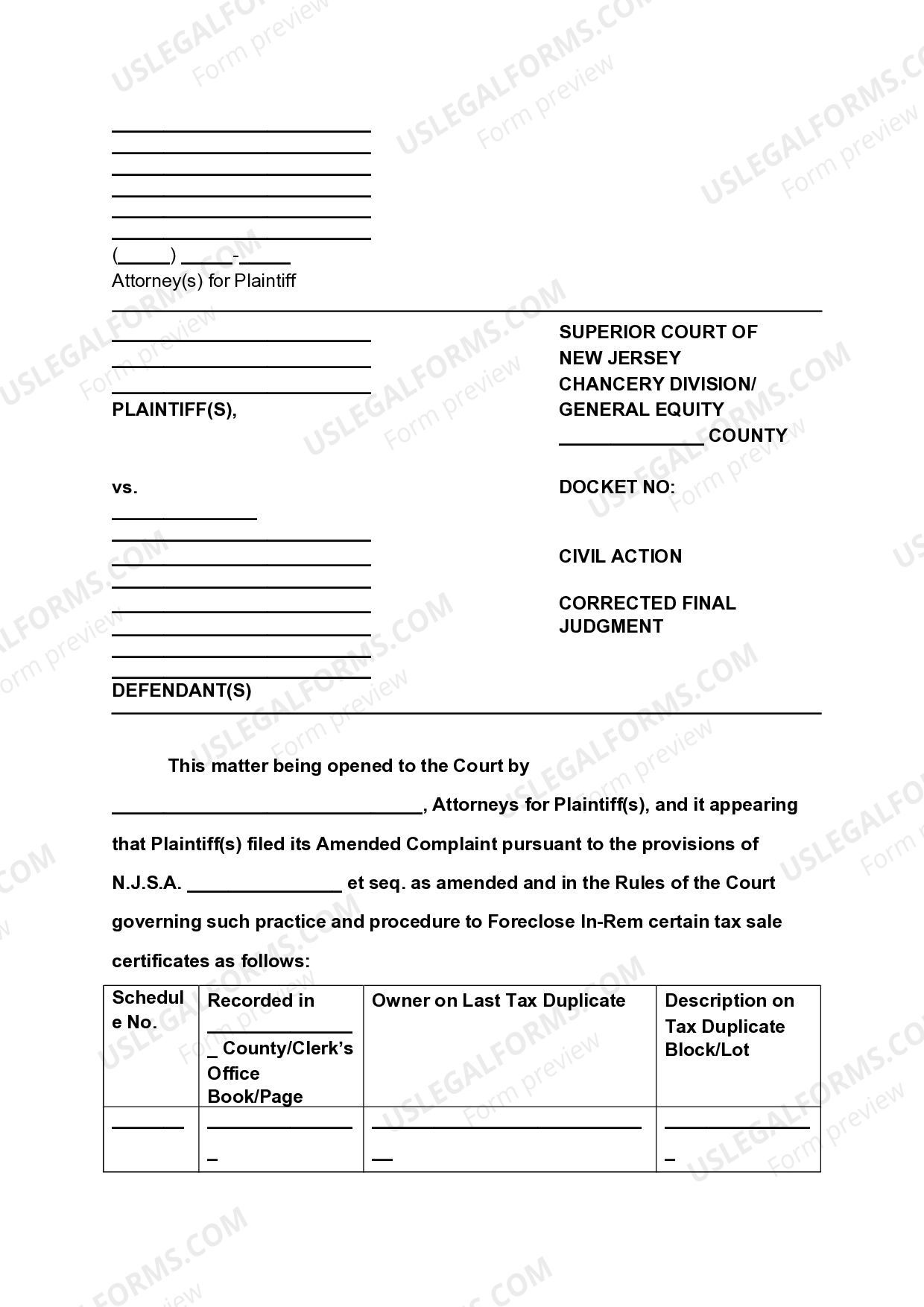 New Jersey Corrected Final Judgment - Nj Corrected | US Legal Forms