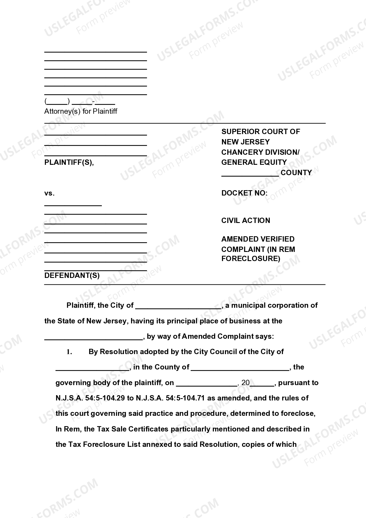 New Jersey Amended Verified Complaint In Rem Foreclosure Competency new-jersey-amended-verified-complaint-in-rem-foreclosure-competency