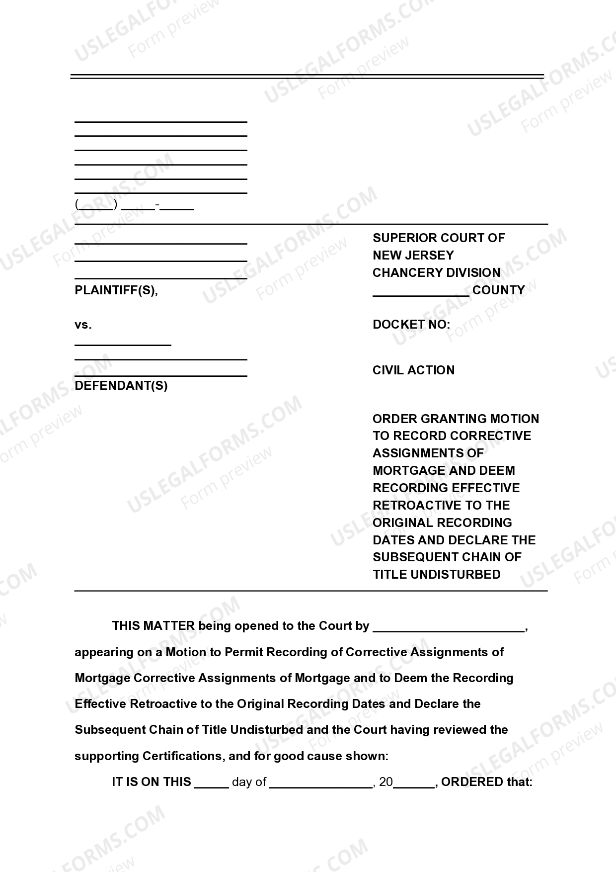 New Jersey Order Granting Motion to Record Corrective Assignments of ...