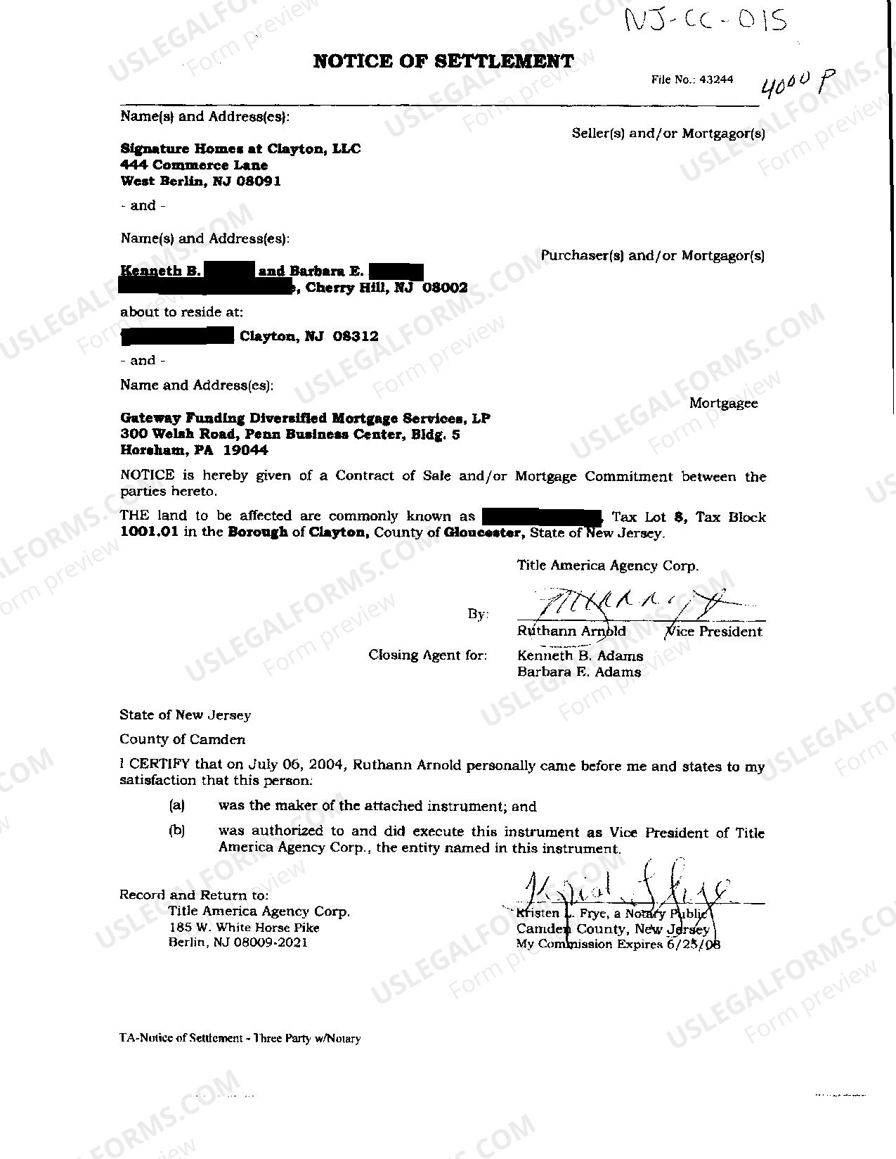 New Jersey Sample Notice Of Settlement of Contract of Sale and or ...