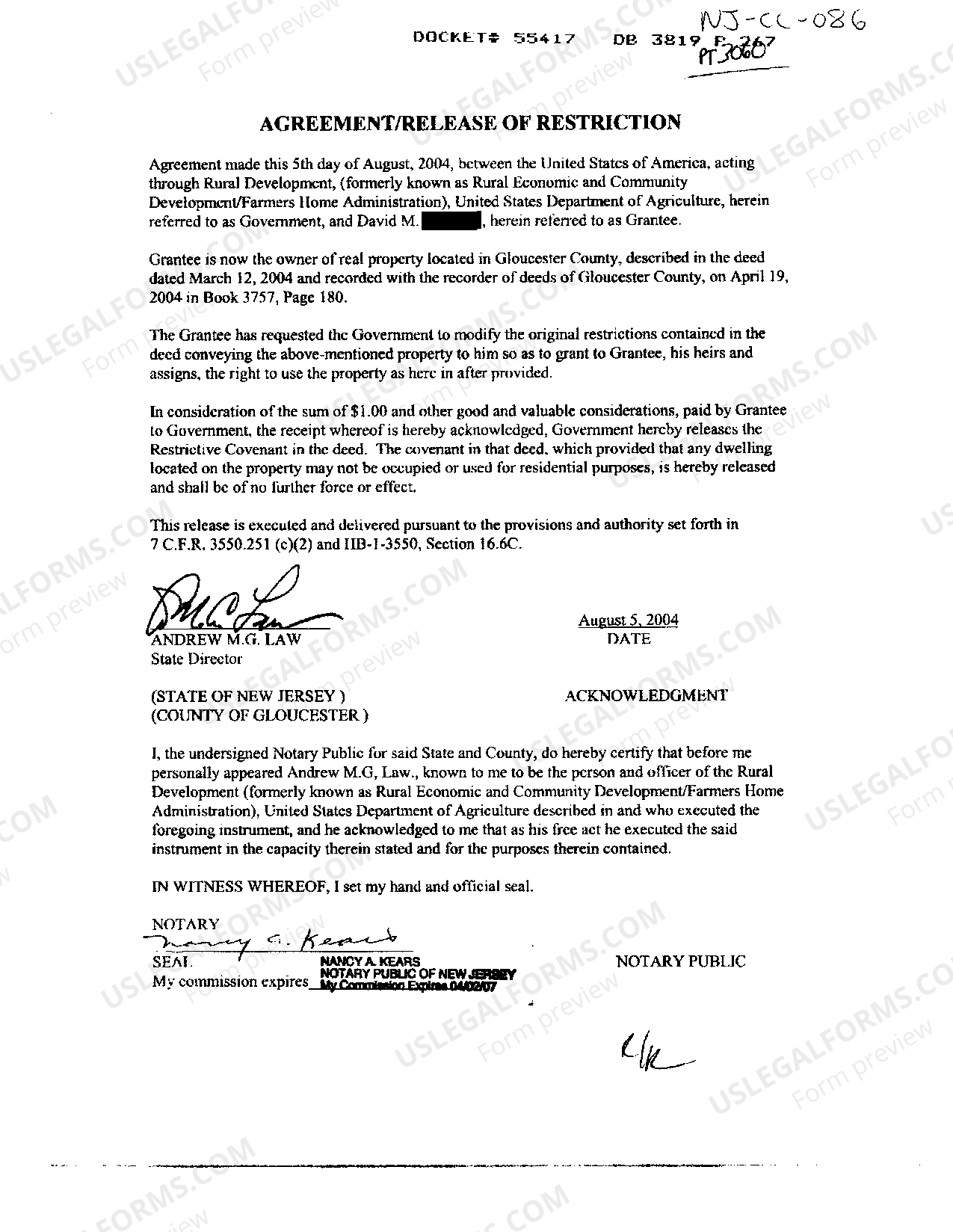 New Jersey Agreement Release Of Restriction on Property - Release Of ...