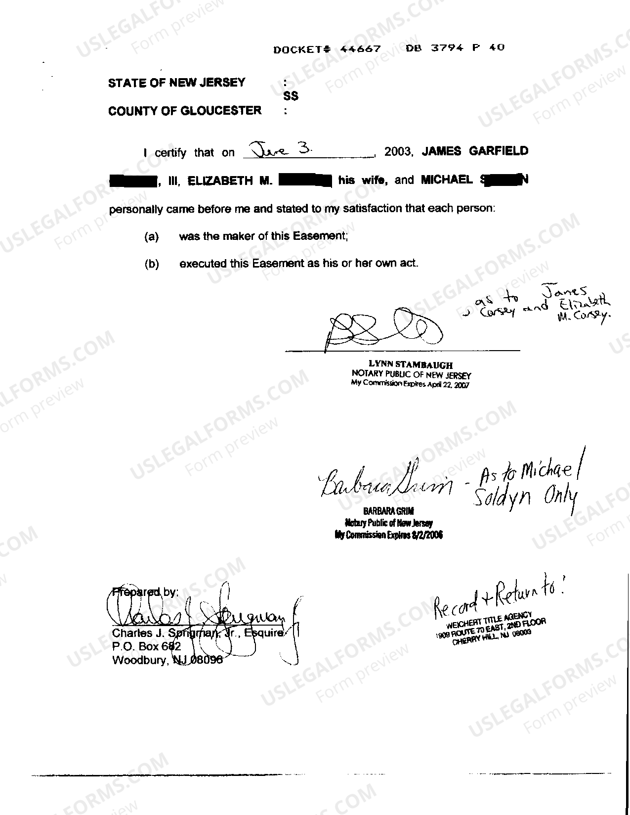 New Jersey Easement regarding Driveway for Ingress and Egress ...