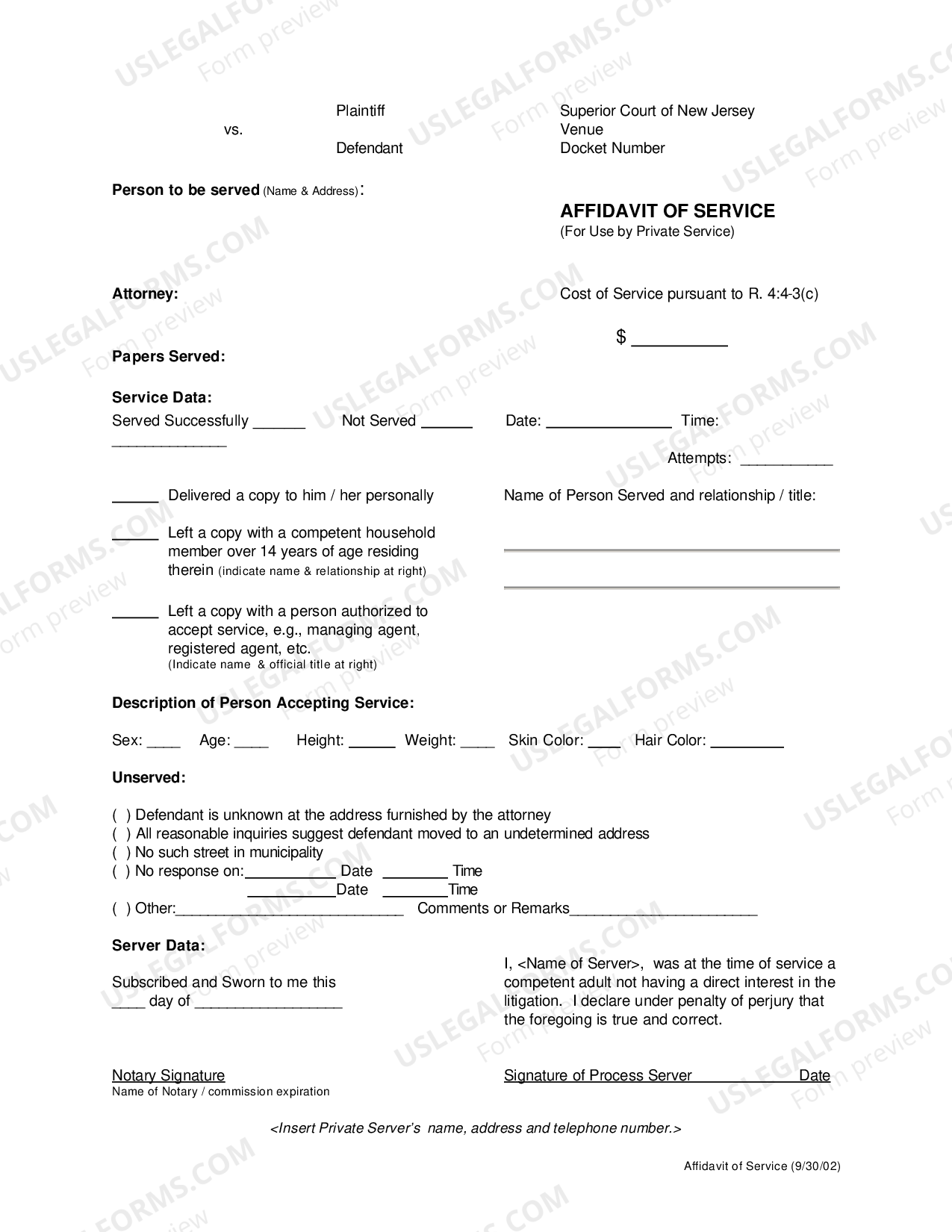 New Jersey Affidavit Of Service For Use By Private Service - Affidavit ...