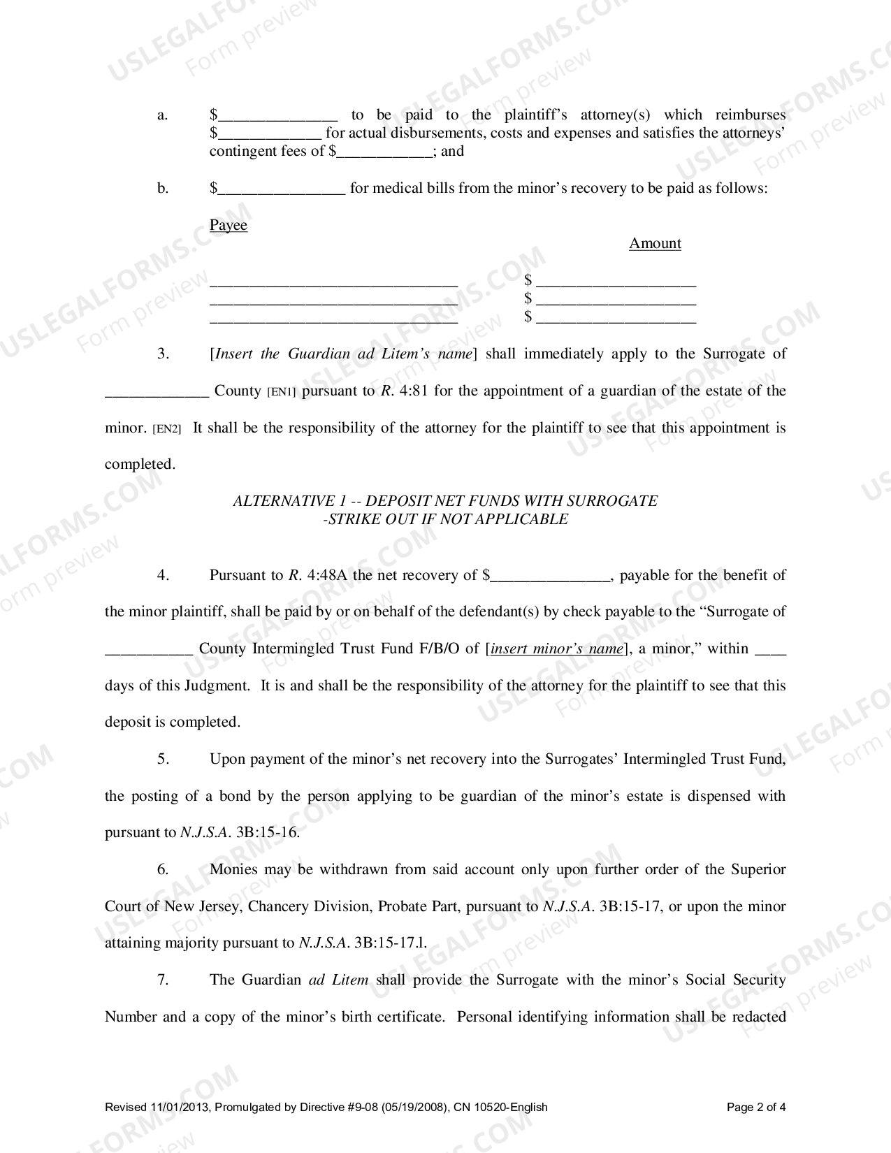 New Jersey Order Entering Judgment And Directing Deposit Of Funds | US ...