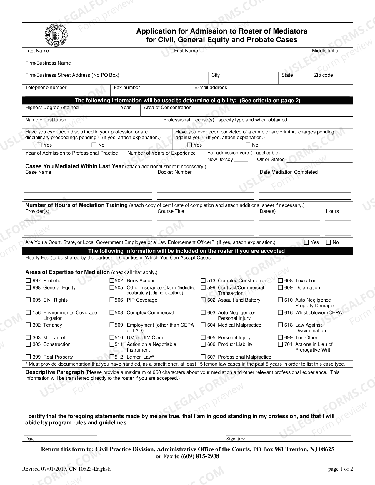 New Jersey Application For Admission To Roster Of Mediators For Civil ...