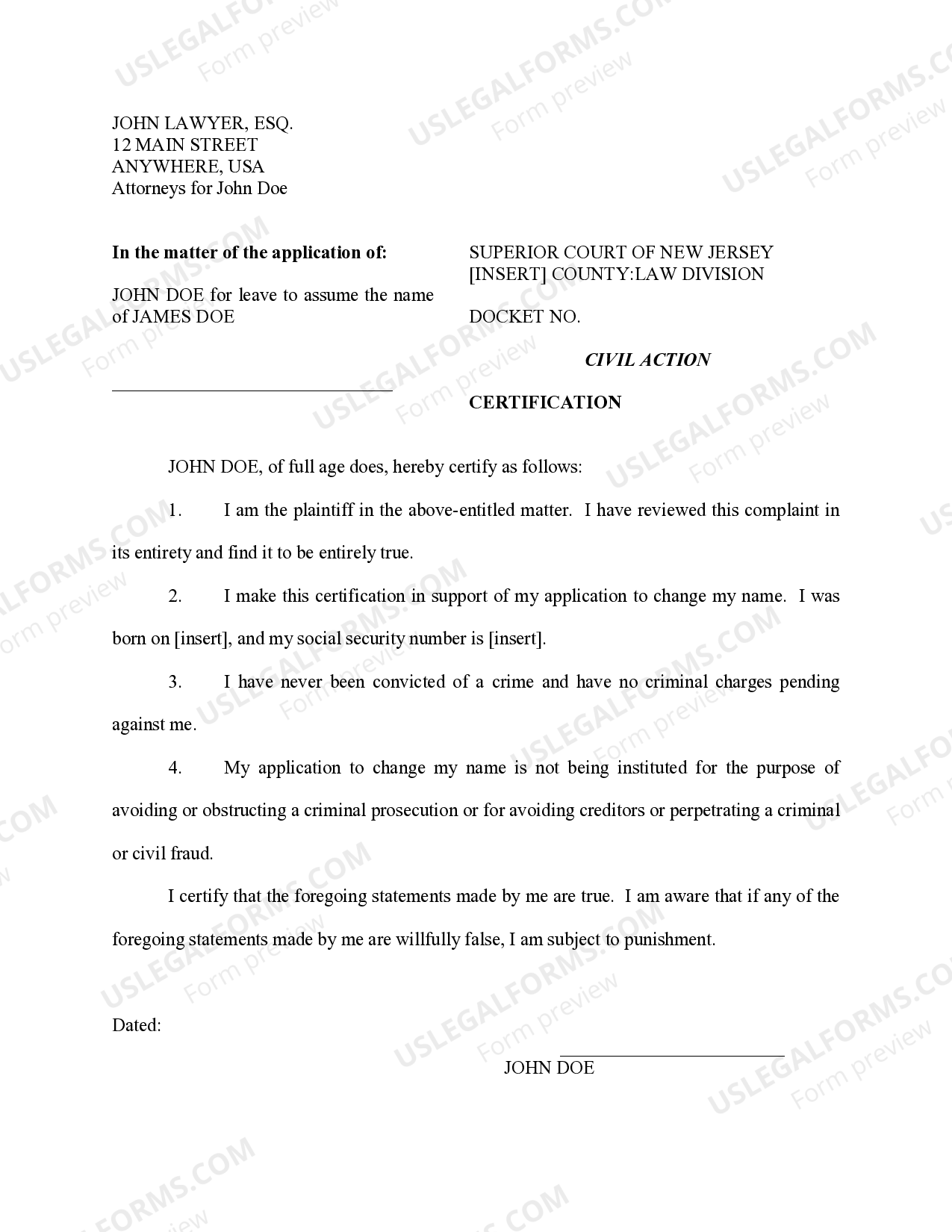 New Jersey Certification for Name Change Application | US Legal Forms
