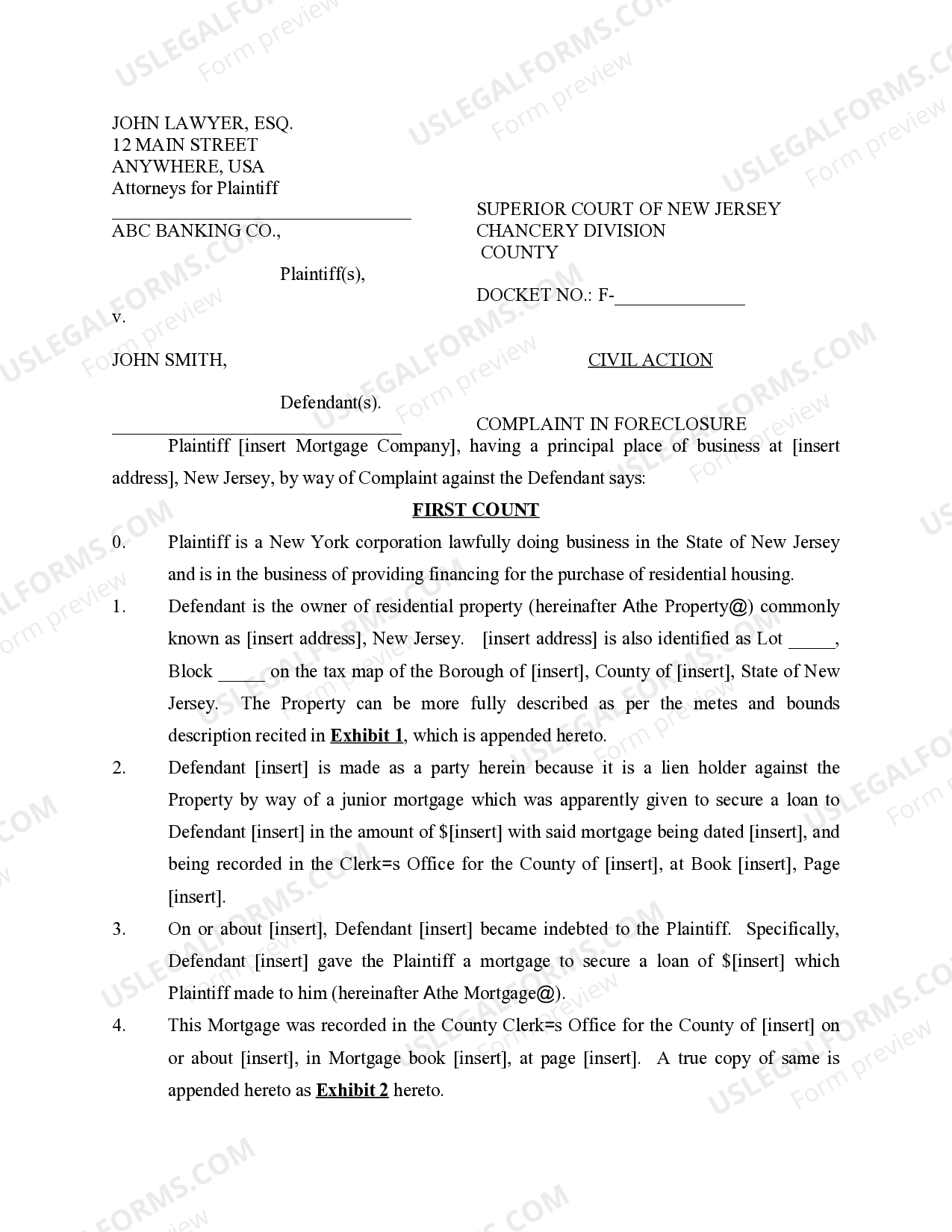 New Jersey Complaint to Foreclose Residential Mortgage - Residential ...