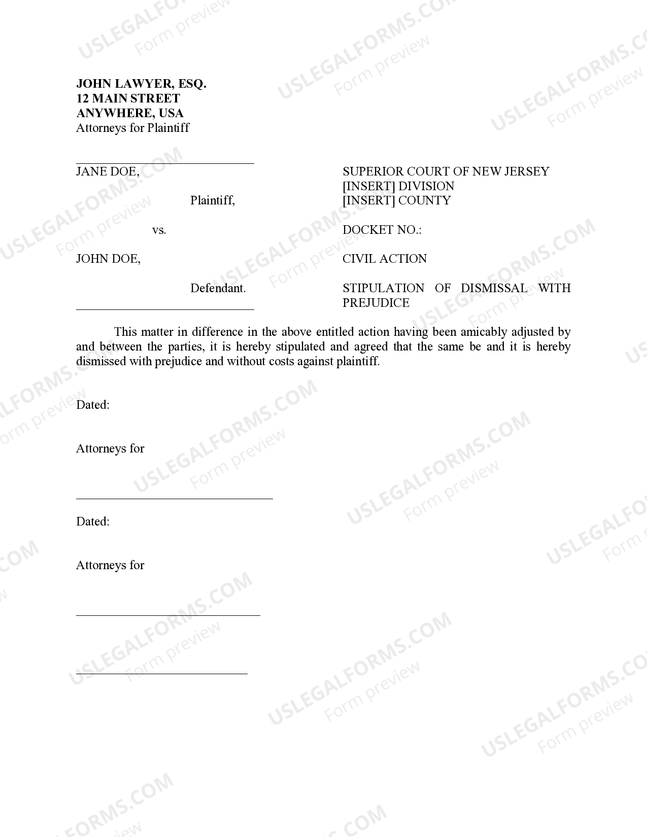 New Jersey Stipulation of Dismissal with Prejudice - Dismissal Form In ...