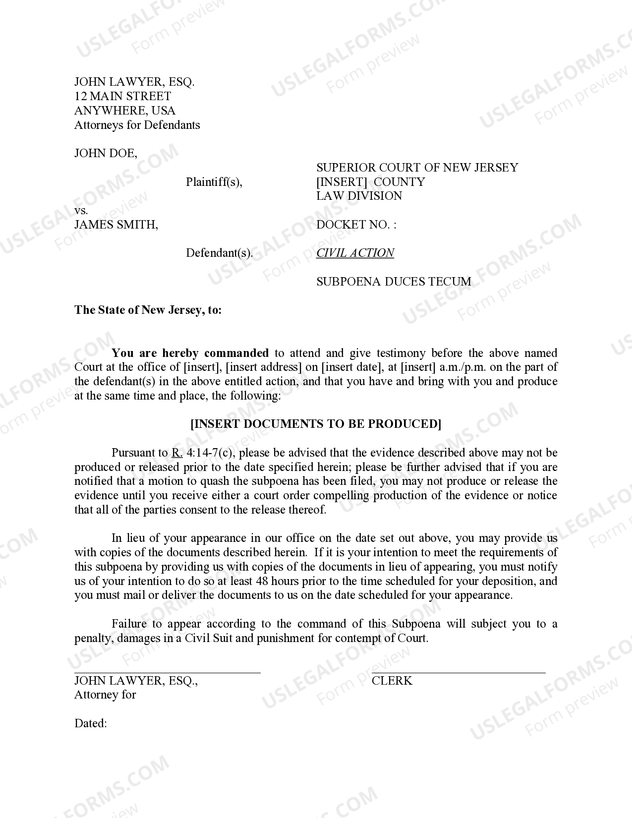 New Jersey Subpoena for Documents - New Jersey Subpoena Form | US Legal ...