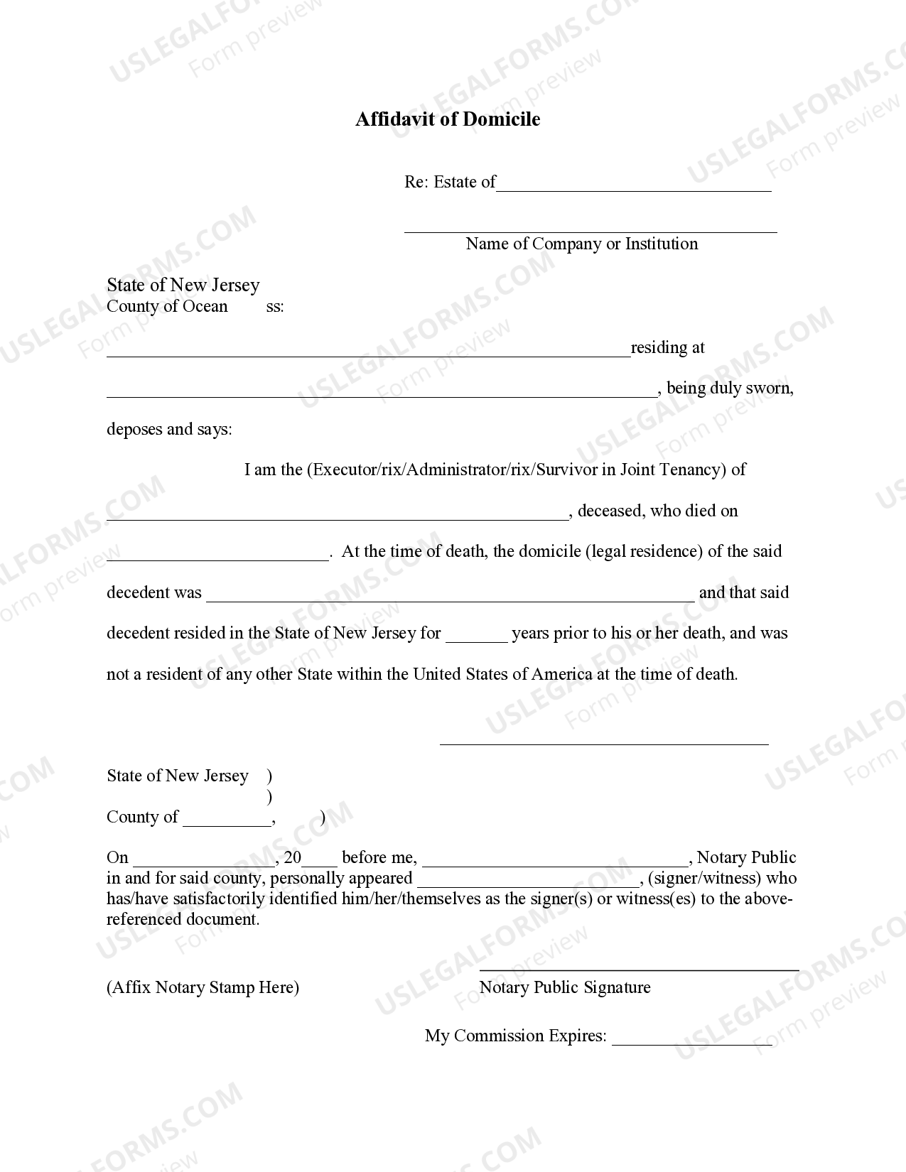 New Jersey Affidavit Of Domicile for Ocean County | US Legal Forms