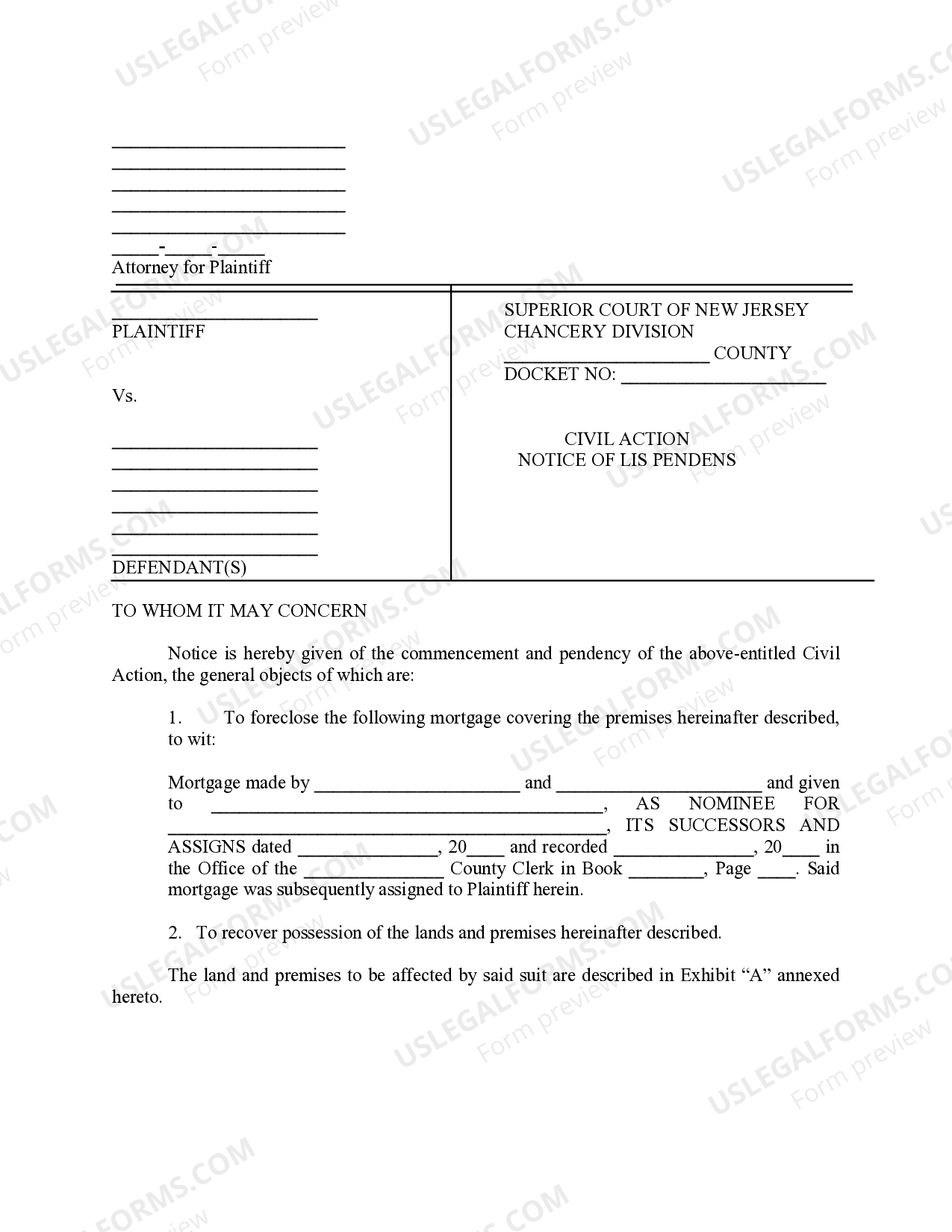 New Jersey Notice of Lis Pendens | US Legal Forms