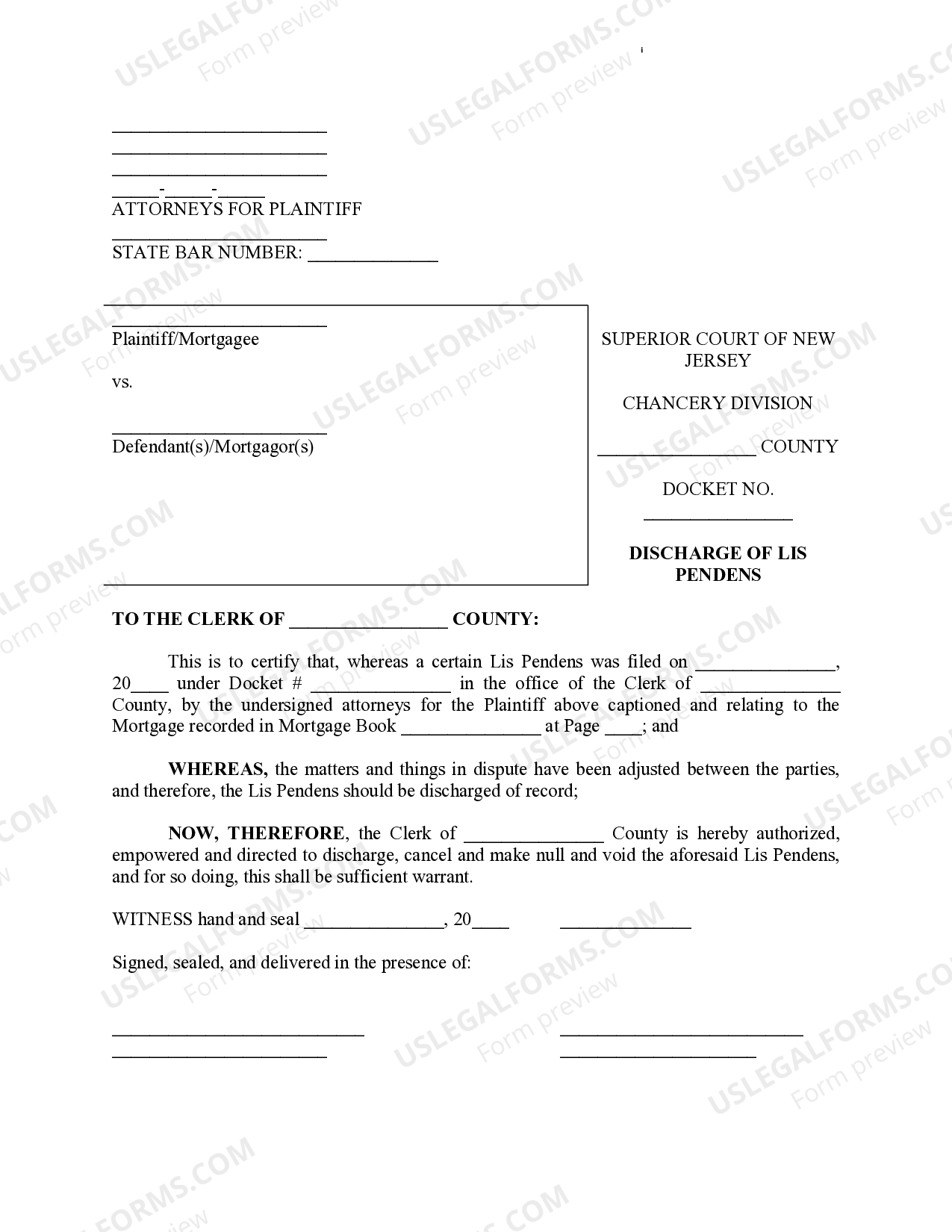 New Jersey Discharge of Lis Pendens - Lis Pendens Nj | US Legal Forms