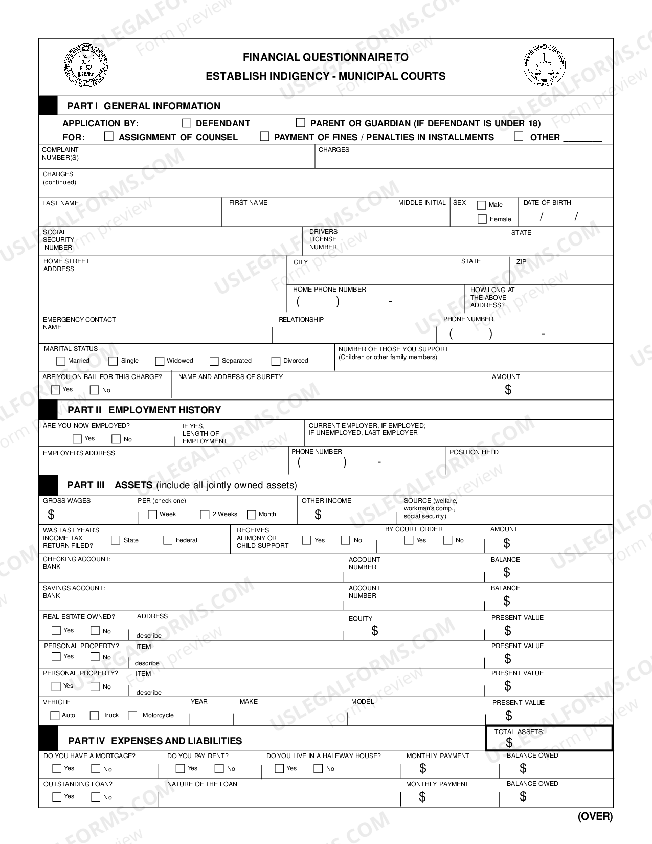 New Jersey Financial Questionnaire To Establish Indigency - Municipal ...