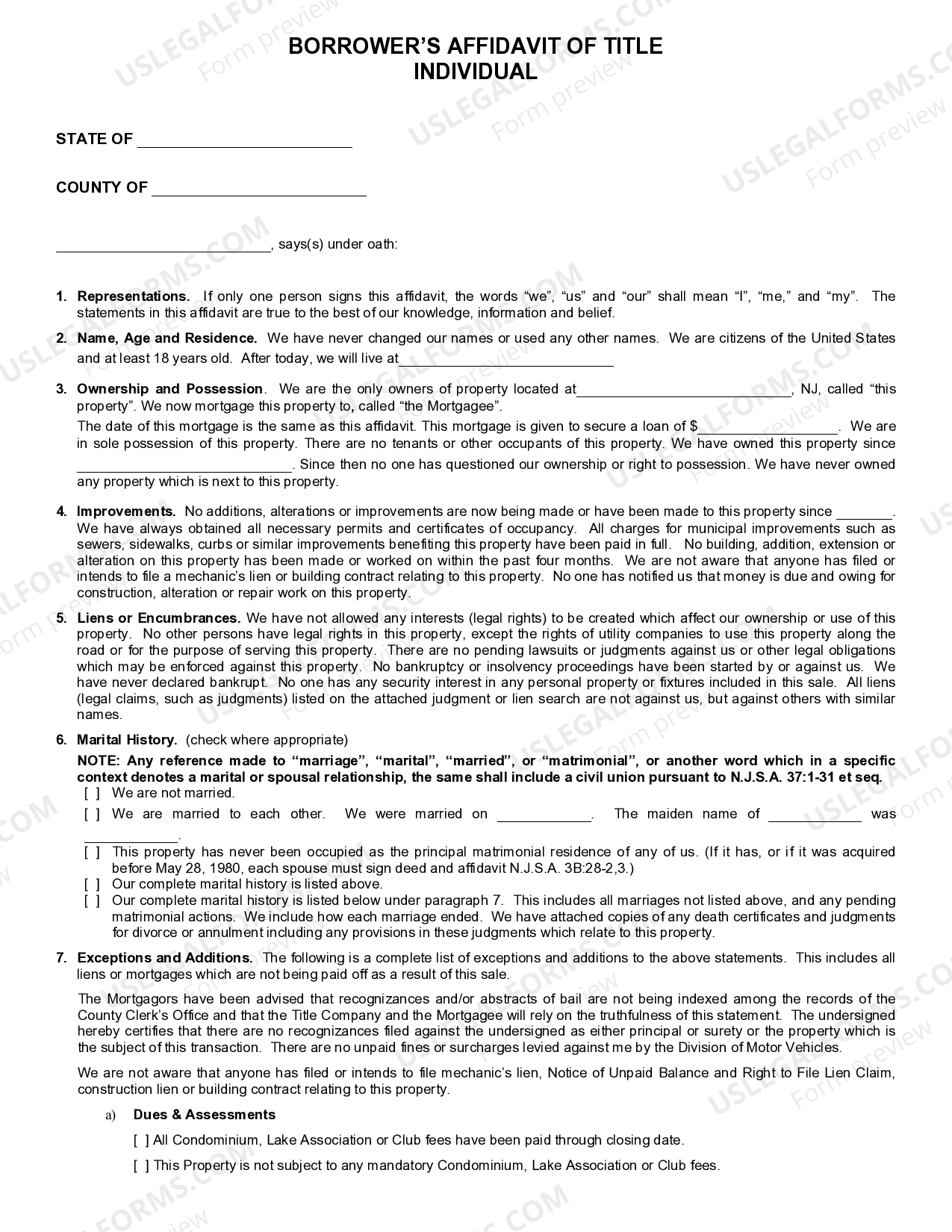 New Jersey Borrower's Affidavit of Title Individual | US Legal Forms