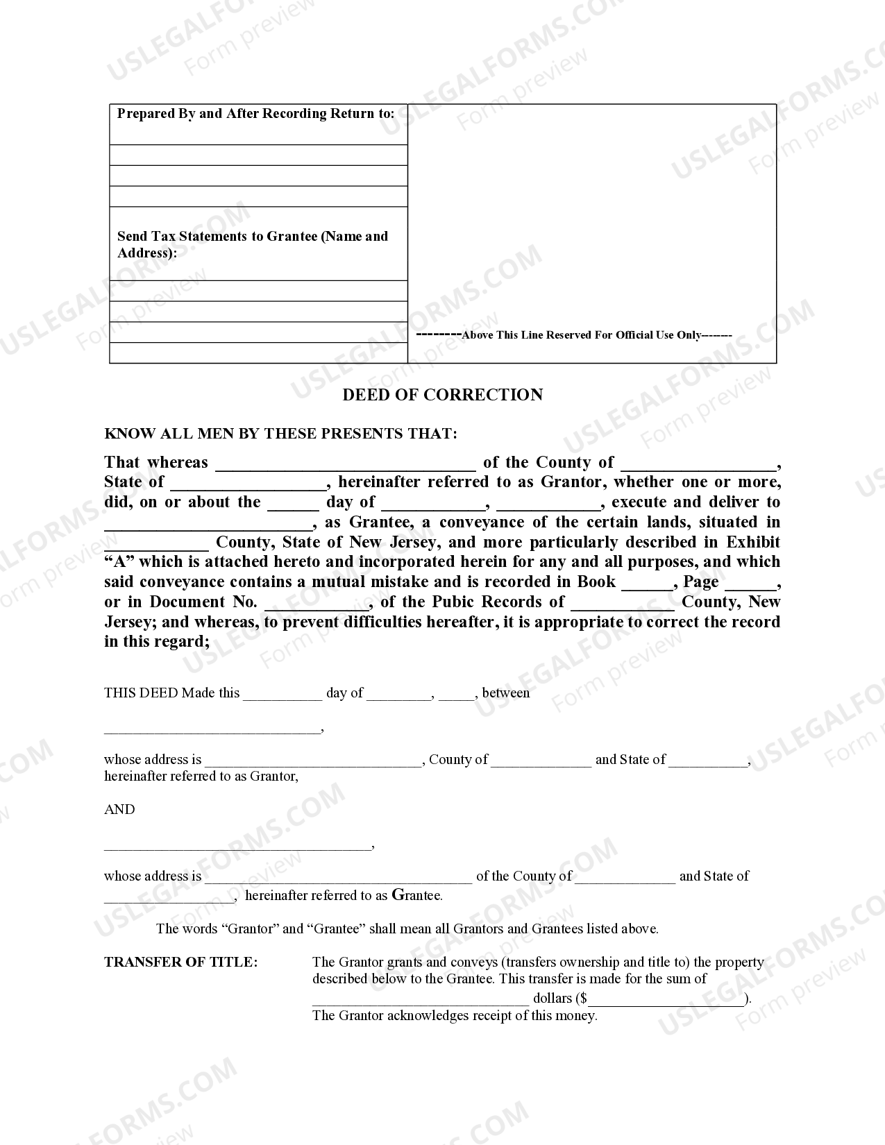 New Jersey Warranty Deed for Correction - Nj Deed | US Legal Forms