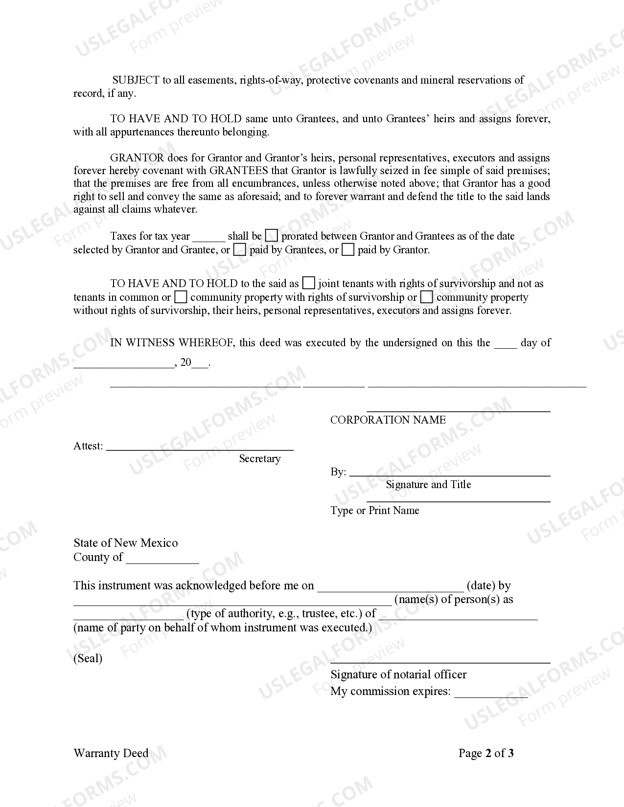 New Mexico Warranty Deed from Corporation to Husband and Wife | US ...