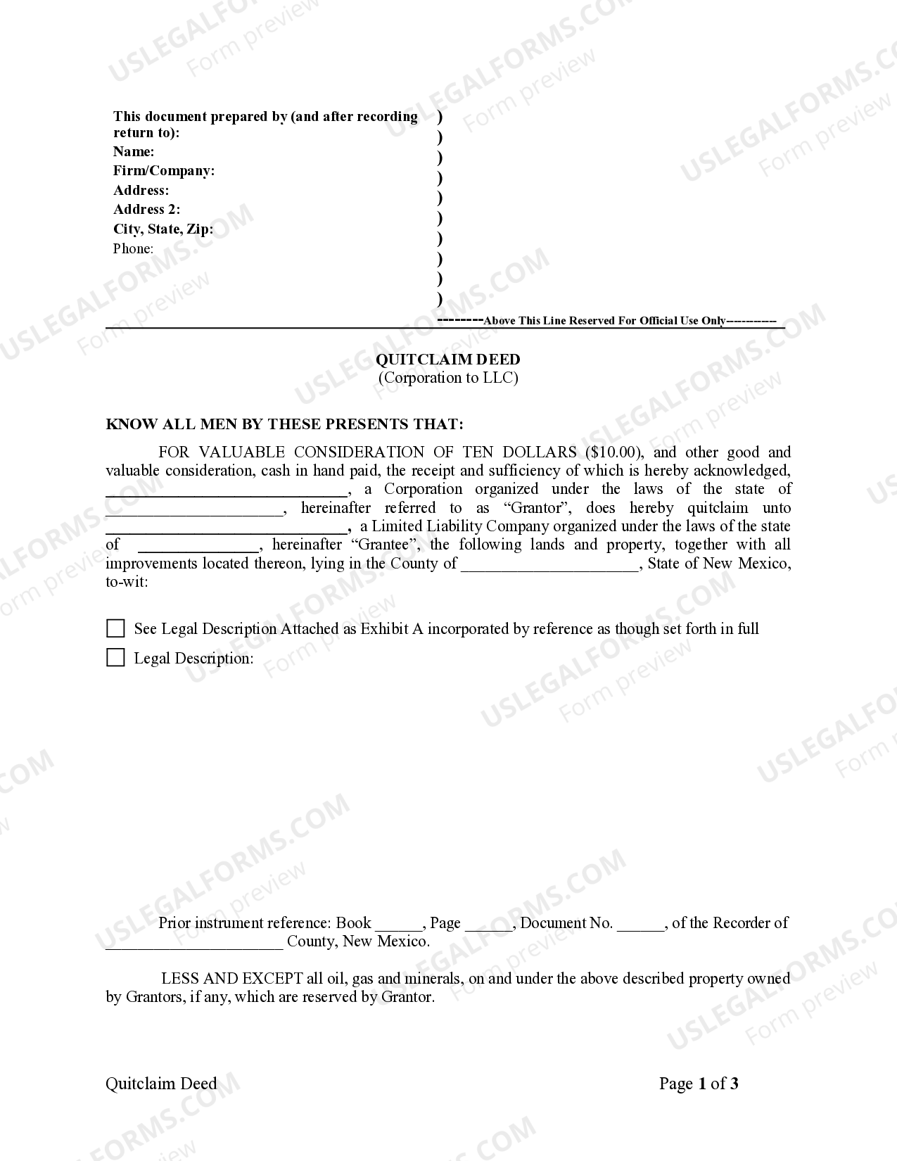 New Mexico Quitclaim Deed from Corporation to LLC - Quitclaim Deed New ...