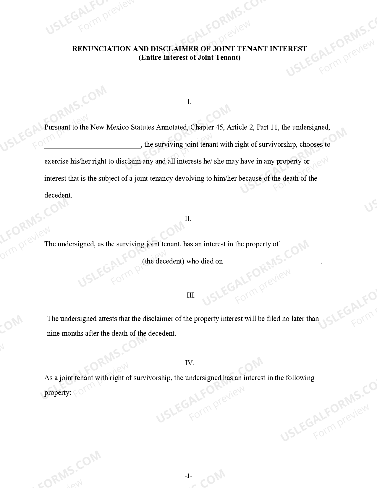 New Mexico Renunciation And Disclaimer of Joint Tenant or Tenancy ...