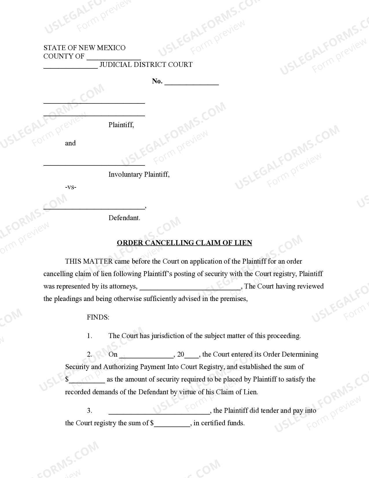 New Mexico Order Cancelling Claim of Lien | US Legal Forms