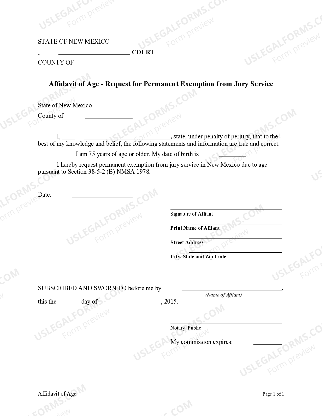 New Mexico Affidavit of Age Request for Permanent Exemption from Jury ...