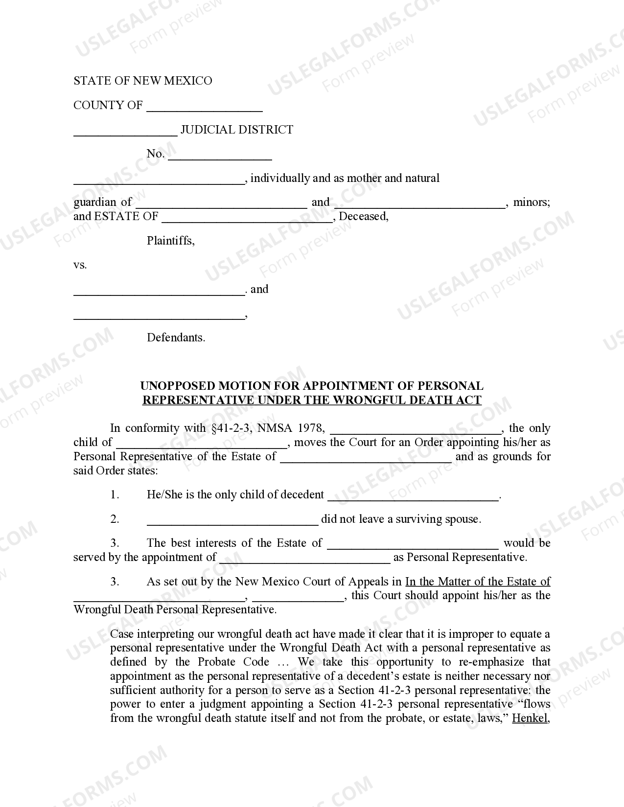 New Mexico Unopposed Motion for Appointment of Personal Representative ...