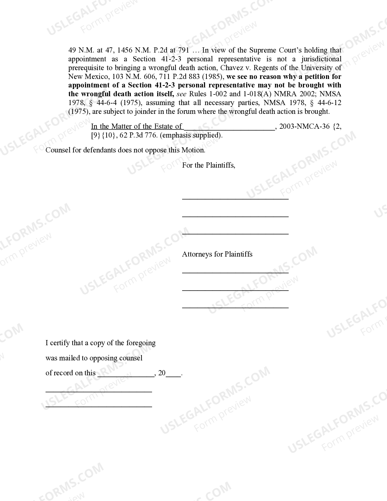 New Mexico Unopposed Motion for Appointment of Personal Representative ...