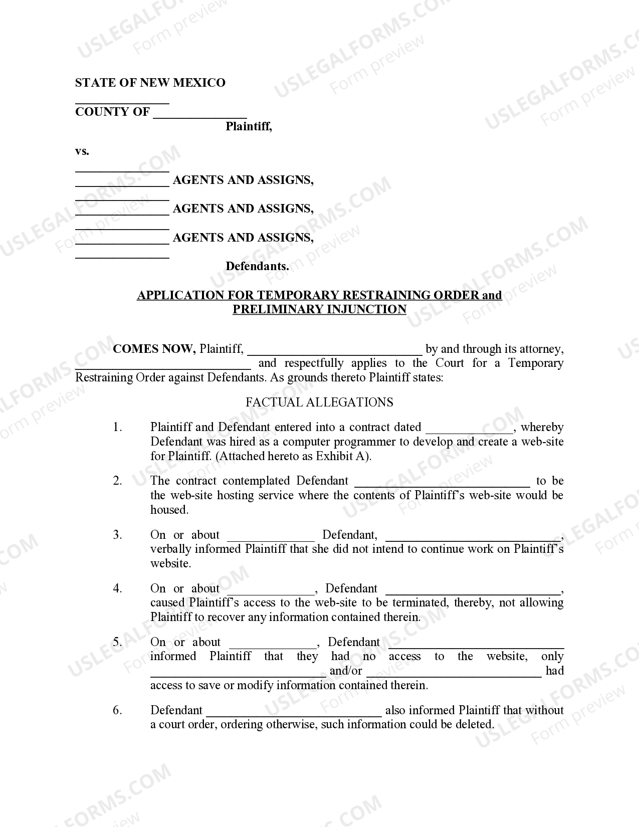 New Mexico Application for Temporary Restraining Order and Preliminary Injunction | US Legal Forms