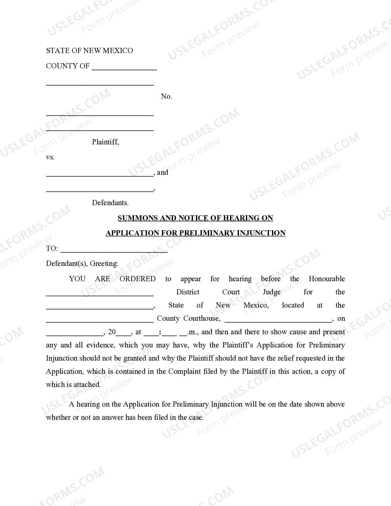 New Mexico Summons and Notice of Hearing on Application for Preliminary ...