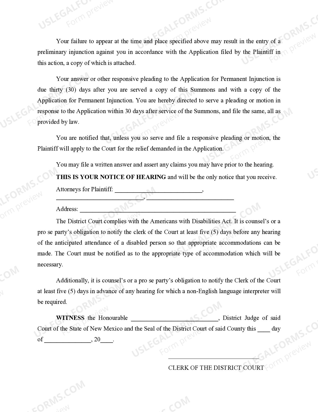 New Mexico Summons and Notice of Hearing on Application for Preliminary ...