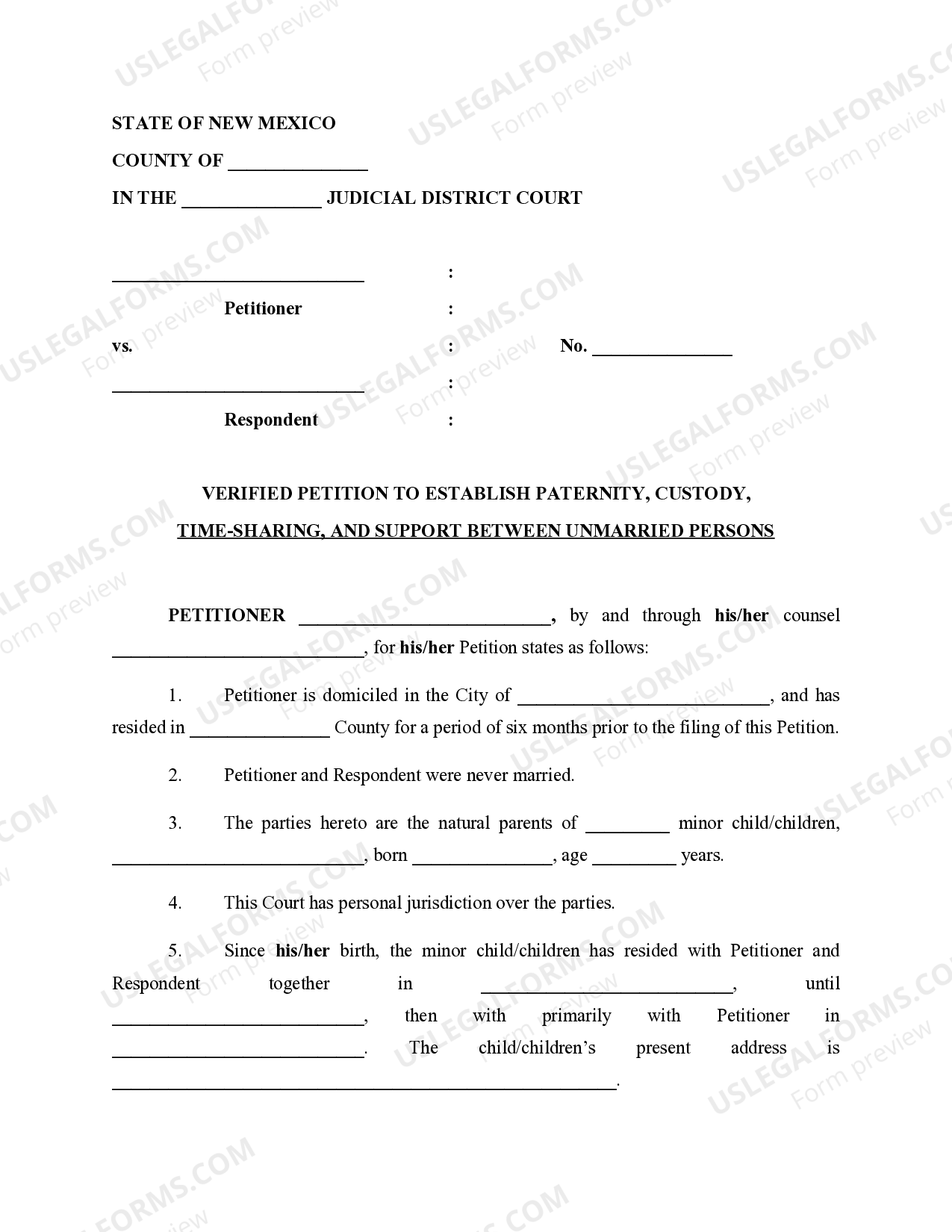 New Mexico Verified Petition to Establish Paternity, Custody, Time ...