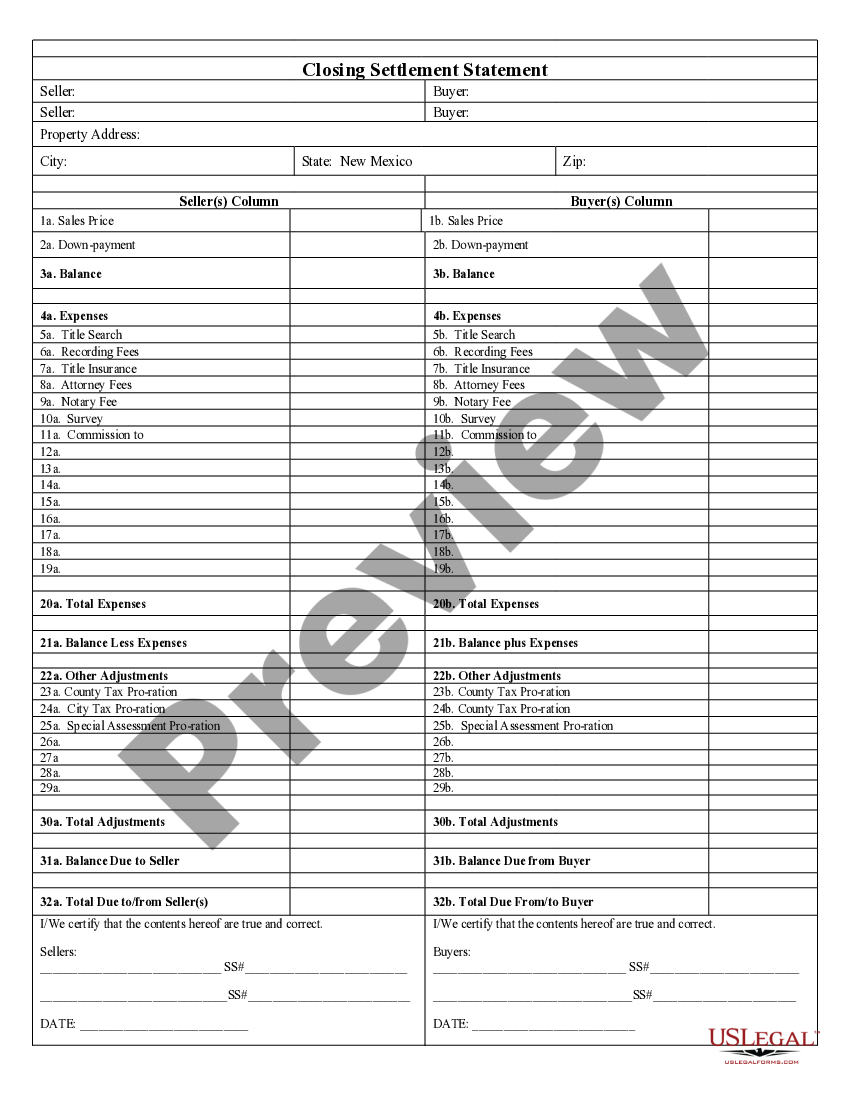 New Mexico Closing Statement New Mexico Closing US Legal Forms
