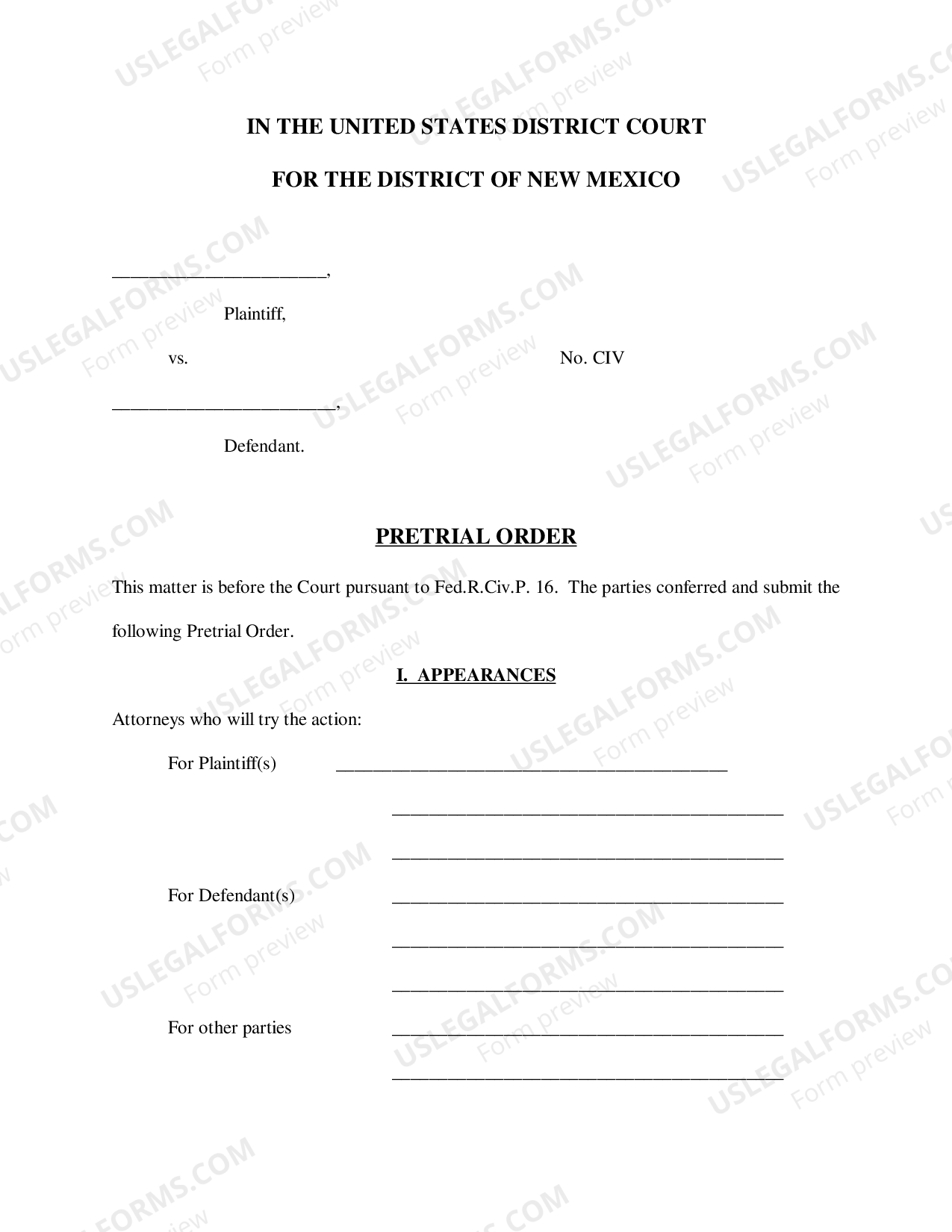 New Mexico Pretrial Order | US Legal Forms