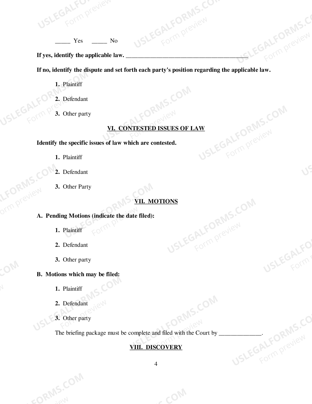 Pretrial Order Sample For Divorce | US Legal Forms
