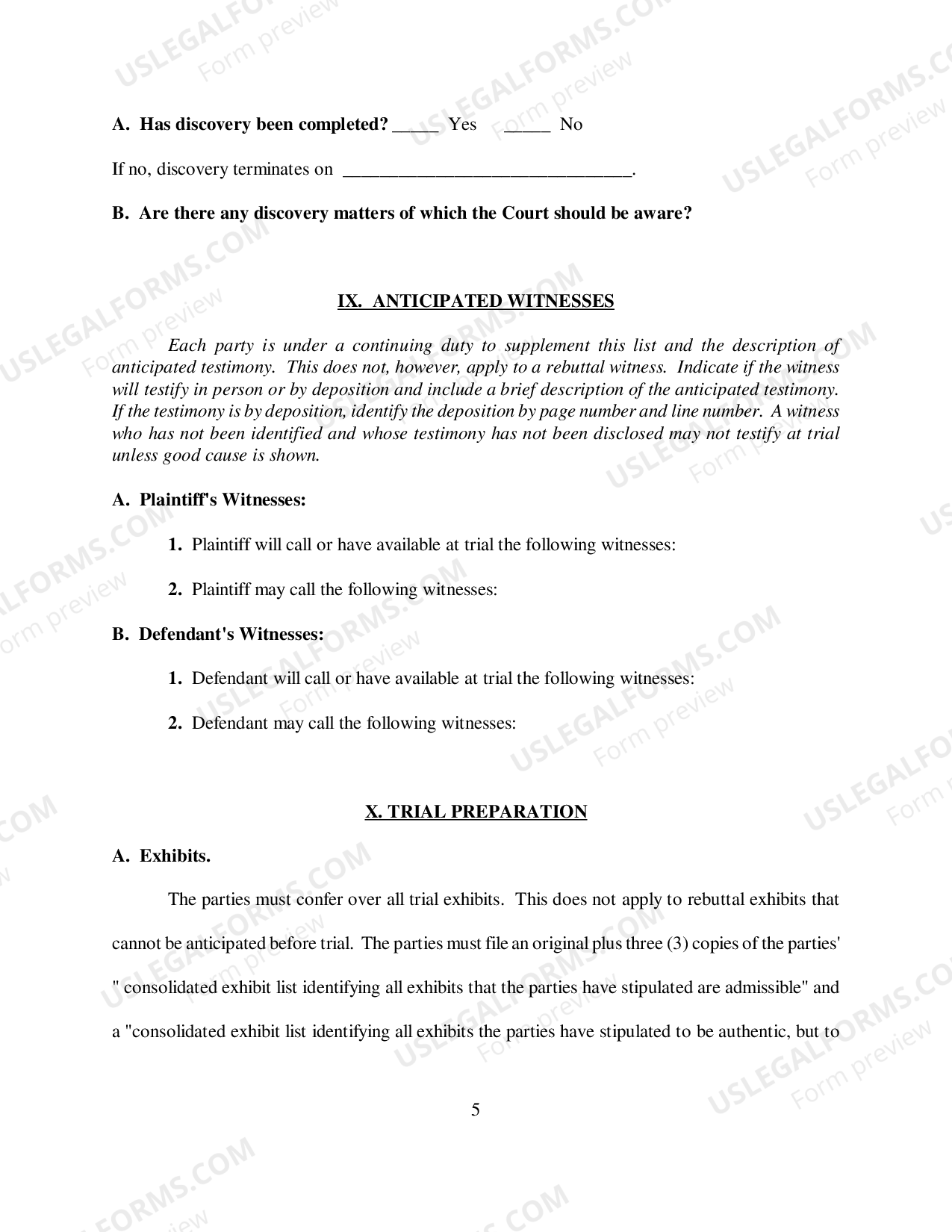 Pretrial Order Sample For Divorce | US Legal Forms