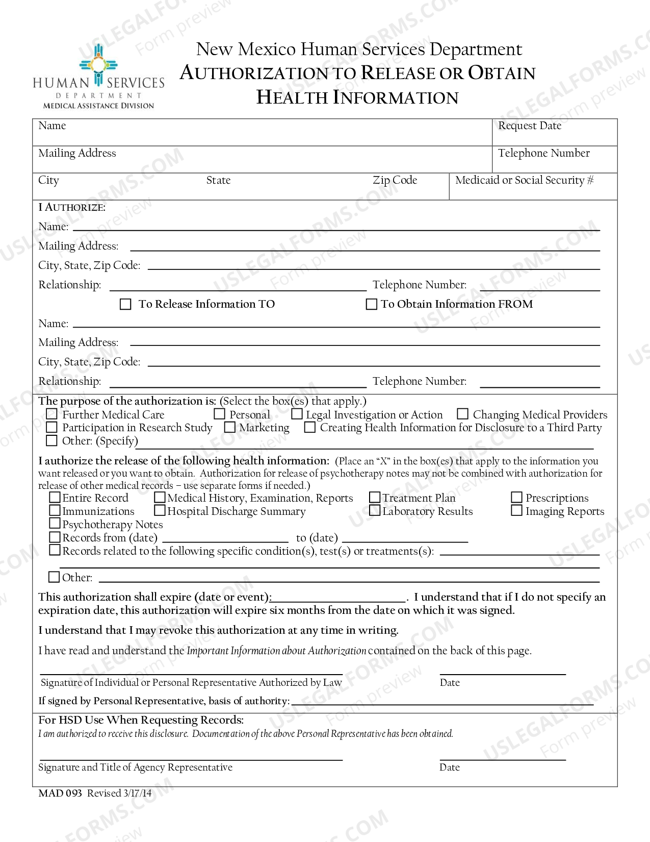 New Mexico HIPPA - Authorization to Disclose Protected Health ...